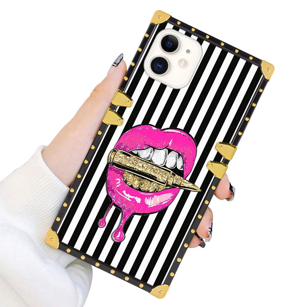 Square Case Compatible iPhone 11 2019 6.1 Inch Pink Lips Luxury Elegant Soft TPU Shockproof Protective Metal Decoration Corner Back Cover Case iPhone 11 Case