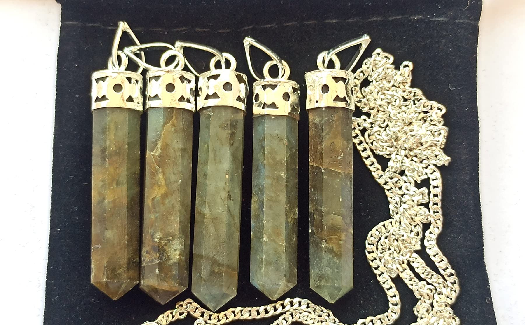 WholesaleGemShop 5 Pieces (Five) Labradorite Pendant Silver Toned Bail Pencil Point Pendant.