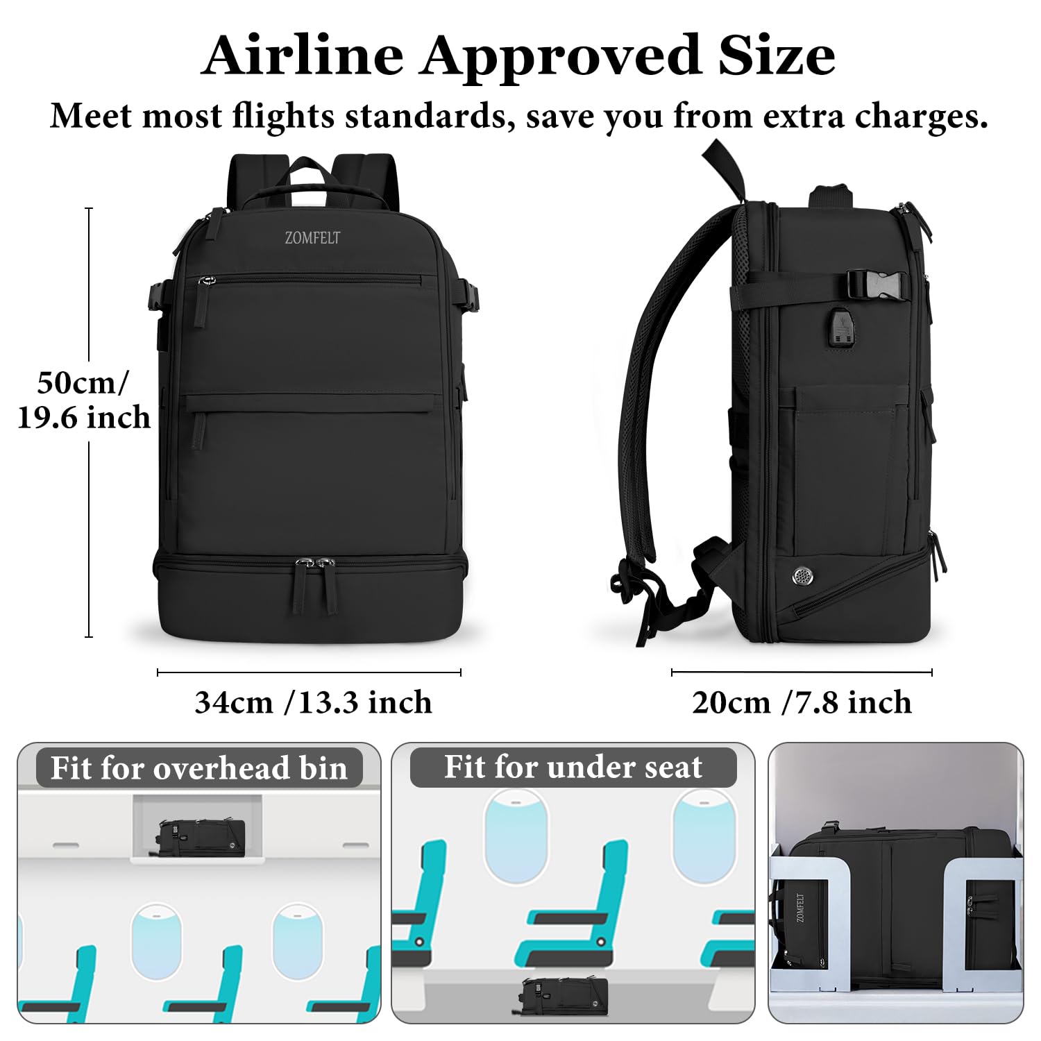 ZOMFELT Travel Backpack, Carry on Backpack Flight Approved with Shoes Compartment, 17.3 Inch Laptop Backpack with USB Charging Port, Waterproof Hiking Backpack Casual Bag for College Travel Work,Black