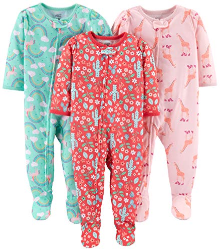 Simple Joys by Carter's Baby Girls' 3-Pack Loose Fit Flame Resistant Polyester Jersey Footed Pajamas, Cactus/Giraffe/Rainbow, 2T