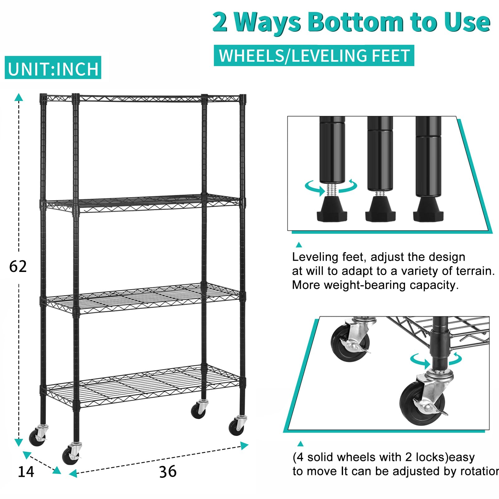 YRLLENSDAN 4-Tier Storage Shelves Organizer with Wheels NSF Wire Shelving Rack Adjustable Metal Shelves for Pantry Kitchen (36" L x 14" W x 62" H,Black)