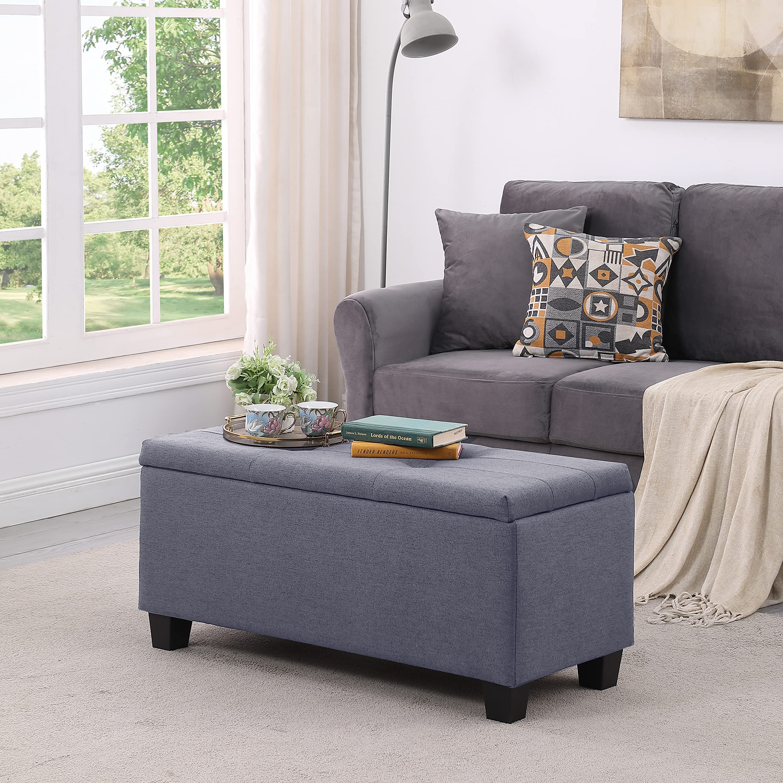 Tassullo Hinged Storage Ottoman Set of 3, 38'' Living Room Storage Bench with Thick Seating, 2pcs Small Square Dorm Stool Couch Side Foot Rest