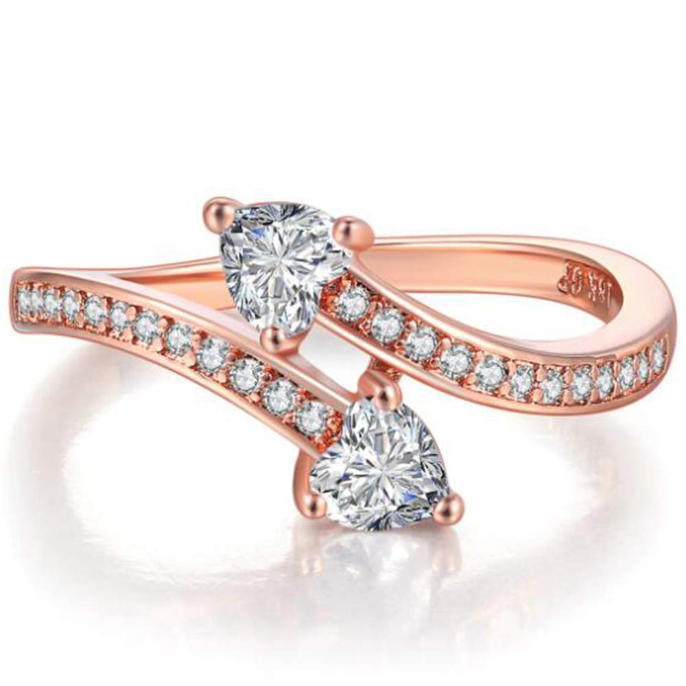 Rose Gold Heart Shaped Wave Double Stone Promise Anniversary Wedding Party Ring (Rose Gold, 9)