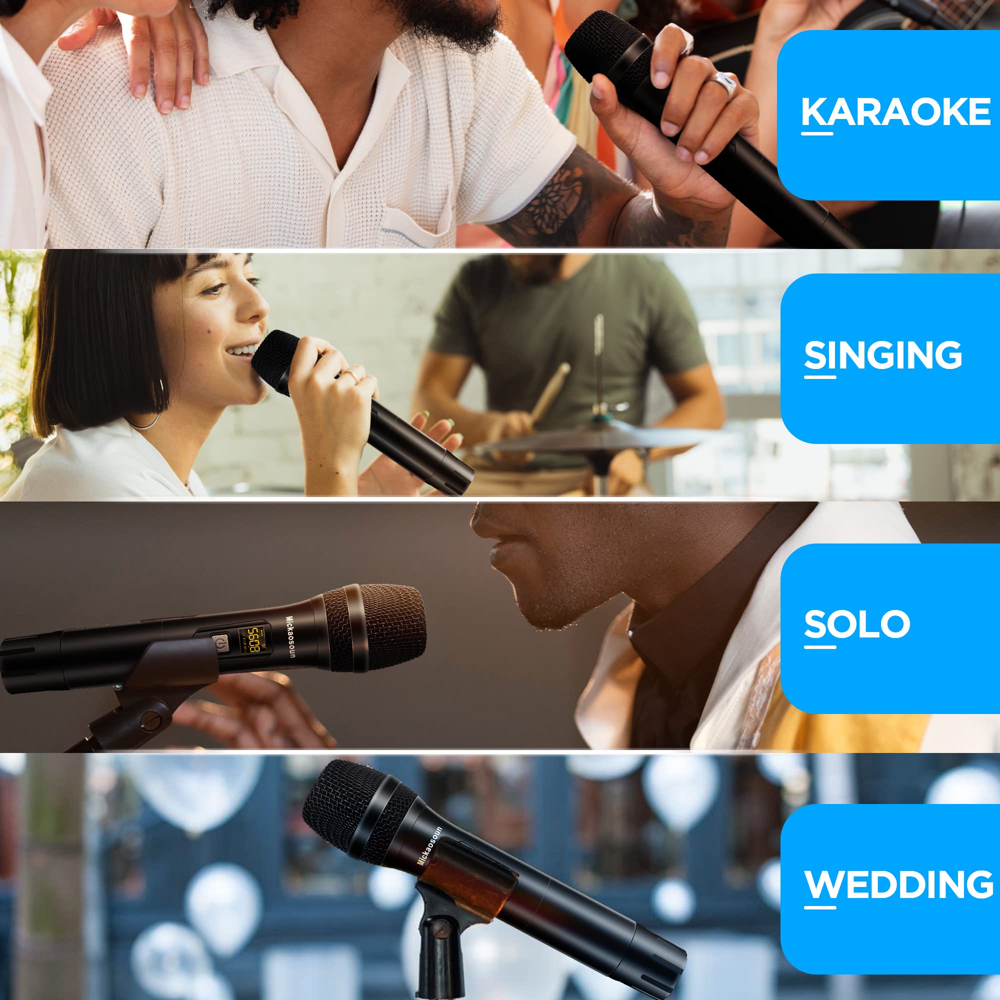 Wireless Microphone, UHF Dual Metal Handheld Cordless Dynamic Karaoke Mic System with 1/4'' Output Rechargeable Receiver, Plugd＆Play, for Karaoke, Party, Singing, Wedding, Church, Speech, DJ(260ft)