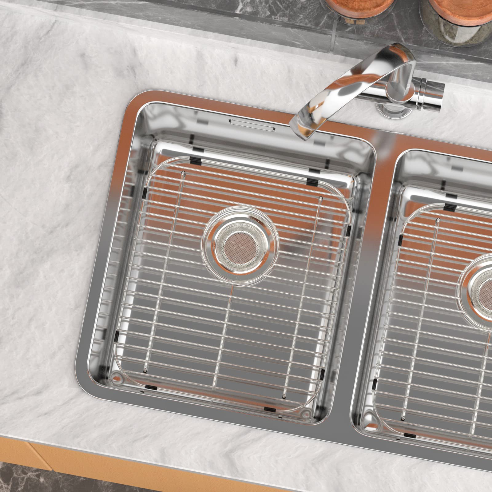 SlimmKISS Sink Grid and Sink Protectors for Kitchen Sink,Sink Rack for Bottom of Sink Stainless Steel Sink Grid Corner Radius Sink Grate Rear Drain Hole with Sink Strainer