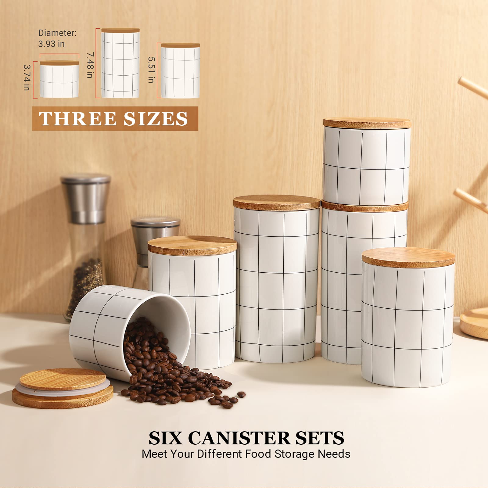 WELLCHE Kitchen Canisters Sets for Kitchen Counter Set of 6, Flour and Sugar Containers, Ceramic Canister Set Food Storage Jars with Airtight Bamboo Lid for Serving Ground Coffee, Tea, Sugar, Grain