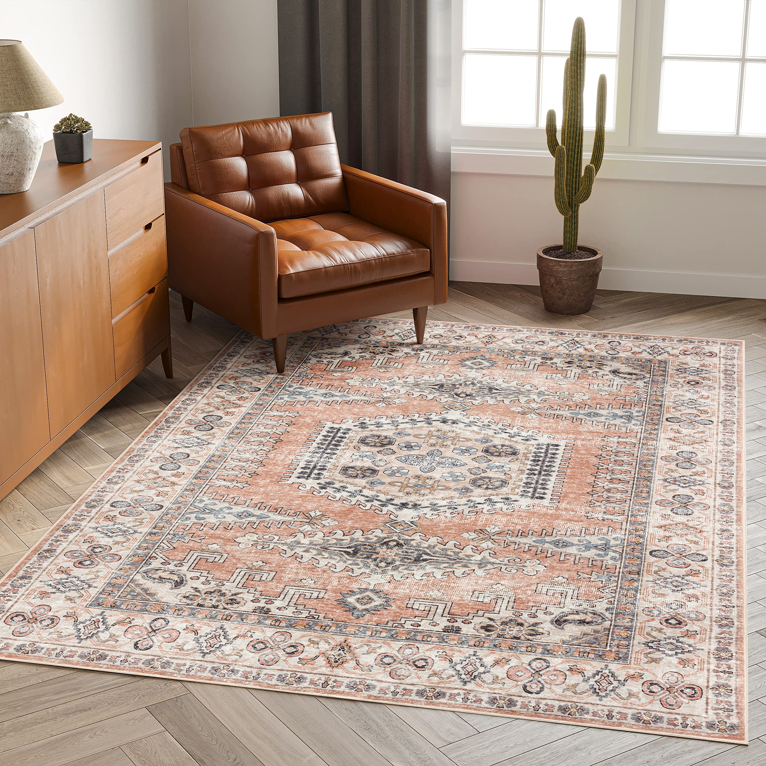 Valenrug Washable Area Rug 6x9 - Ultra-Thin Antique Collection, Stain Resistant Rugs for Living Room Bedroom, Distressed Vintage Rug(Peach/Yellowish, 6'x9')