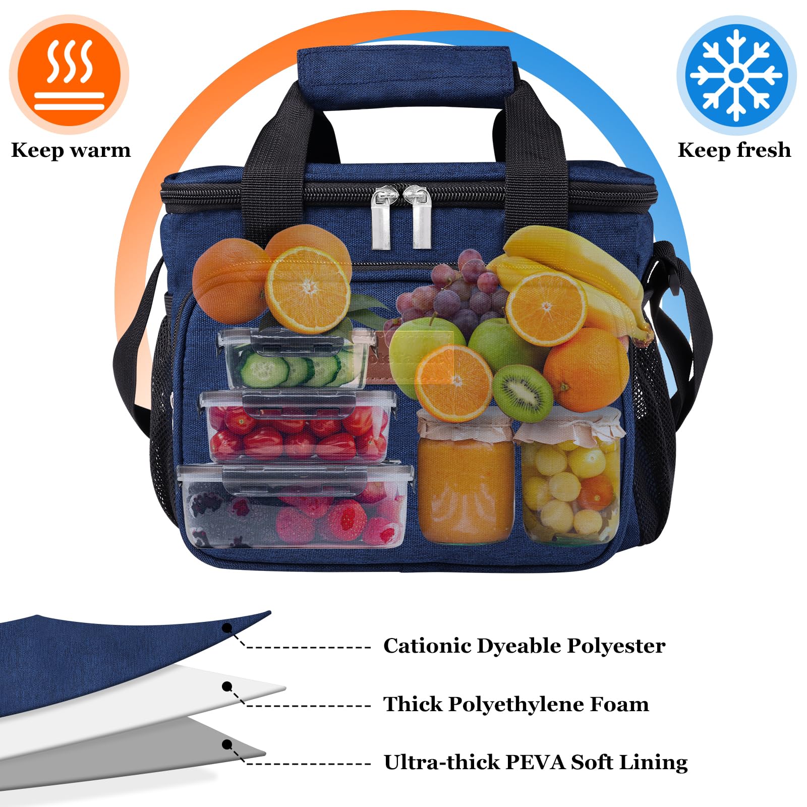 ToteTastic Insulated Reusable Lunch Box Lunch Bag for Women/Men LeakProof Lunch Tote Bag with Adjustable Shoulder Strap, Front Zipper Pocket and Dual Large Side Pockets for Work/Picnic(9L,Black)