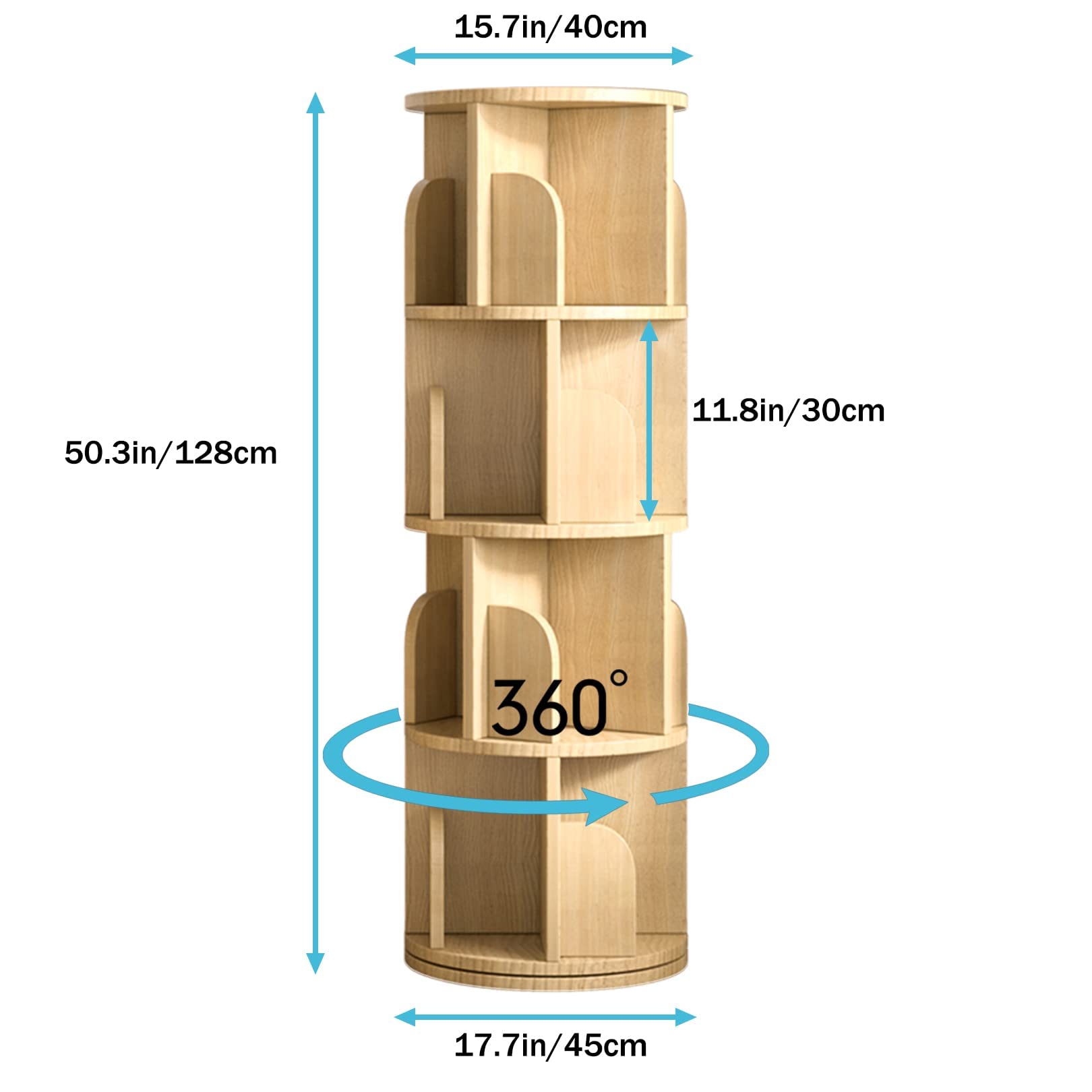 TNUEEIO 4-Tier Wooden Rotating Bookshelf,Natural Solid Wood Revolving Floor Standing Bookcase 360 Display Corner Storage Rack for Kids Adults, Stackable Shelves Bookshelf Organizer