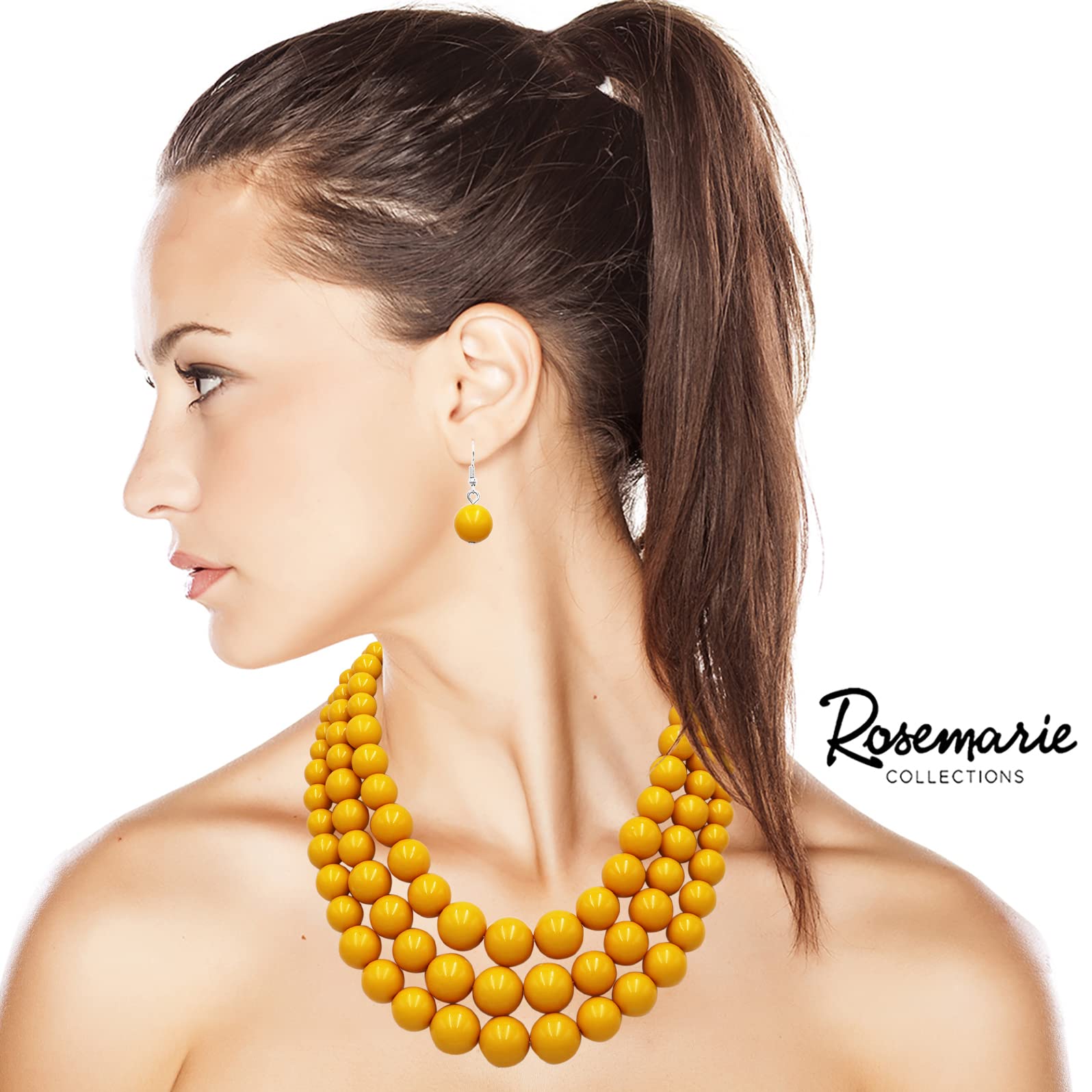 Rosemarie & Jubalee Women's 3 Colorful Multi Strands Simulated Pearl Necklace And Earrings Jewelry Gift Set, 18"+3" Extender (Mustard Yellow Silver Tone)