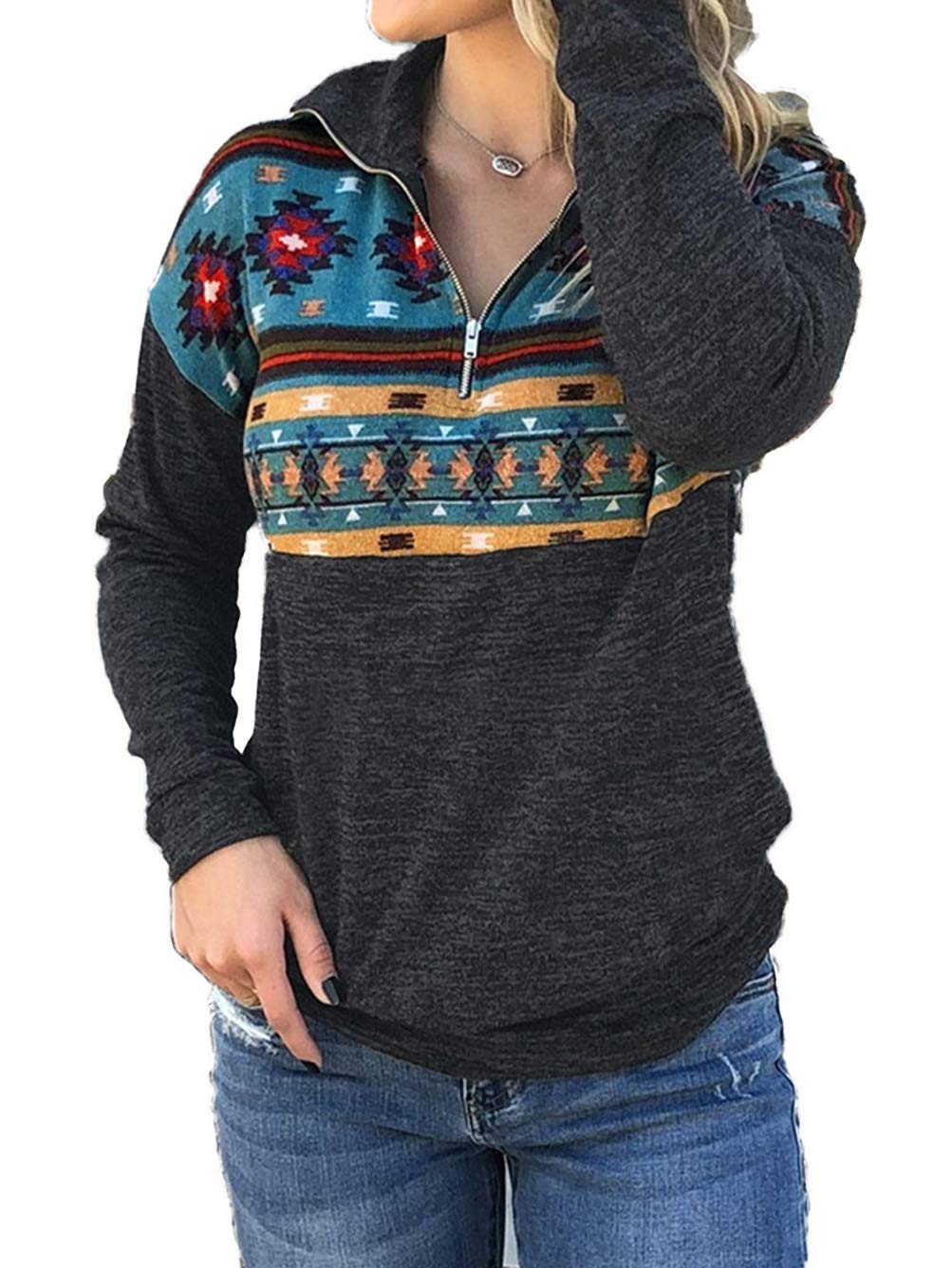 Voopptaw Womens Floral Print Casual Pullovers 1/4 Zipper Stand Collar Sweatshirts Tops with Pockets (Blue, X-Large)