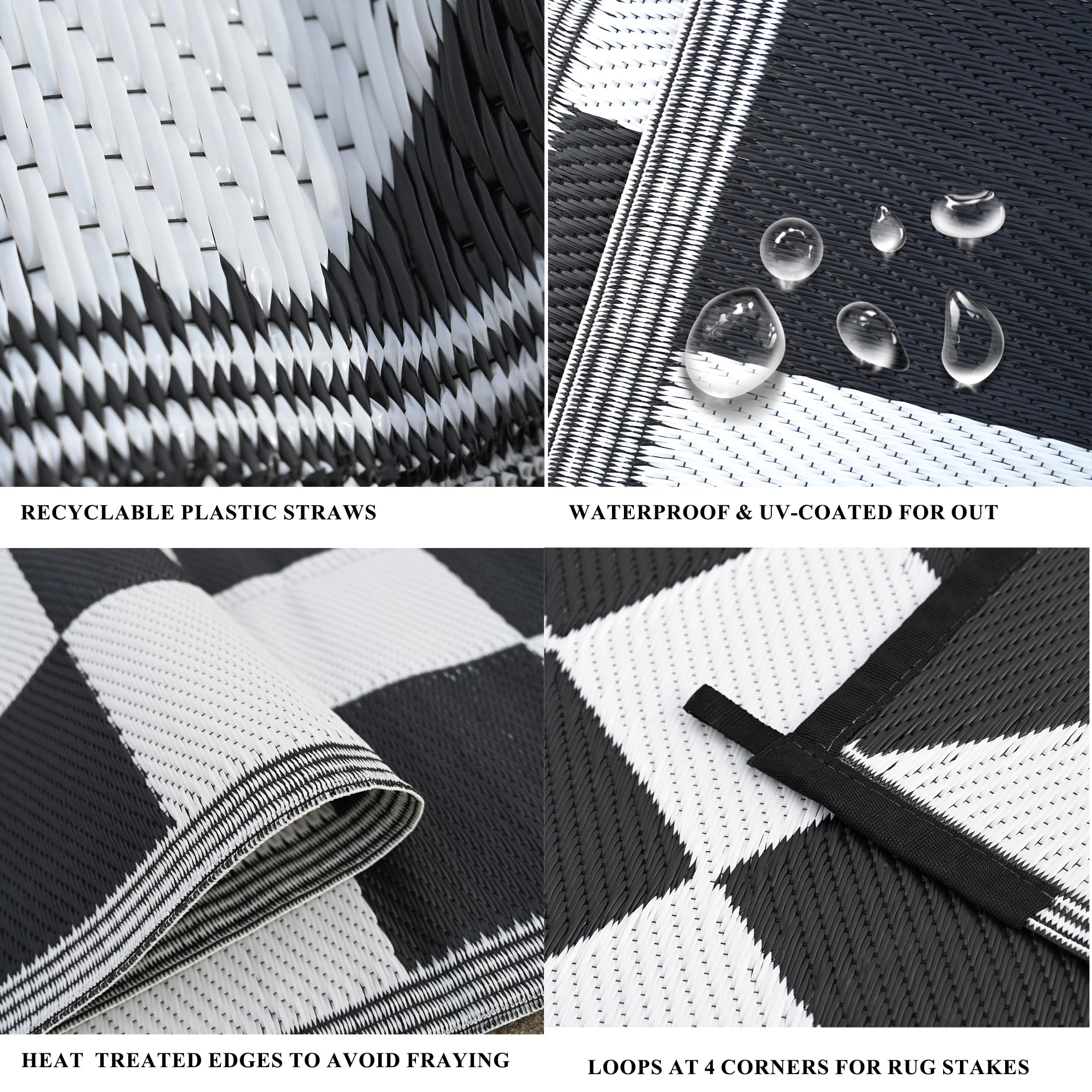 RURALITY Outdoor Rug 5x8 for Patios Clearance,Waterproof Indoor Outdoor Mats for Camping,Beach,RV,Porch,Picnic,Reversible,Black and White,Check
