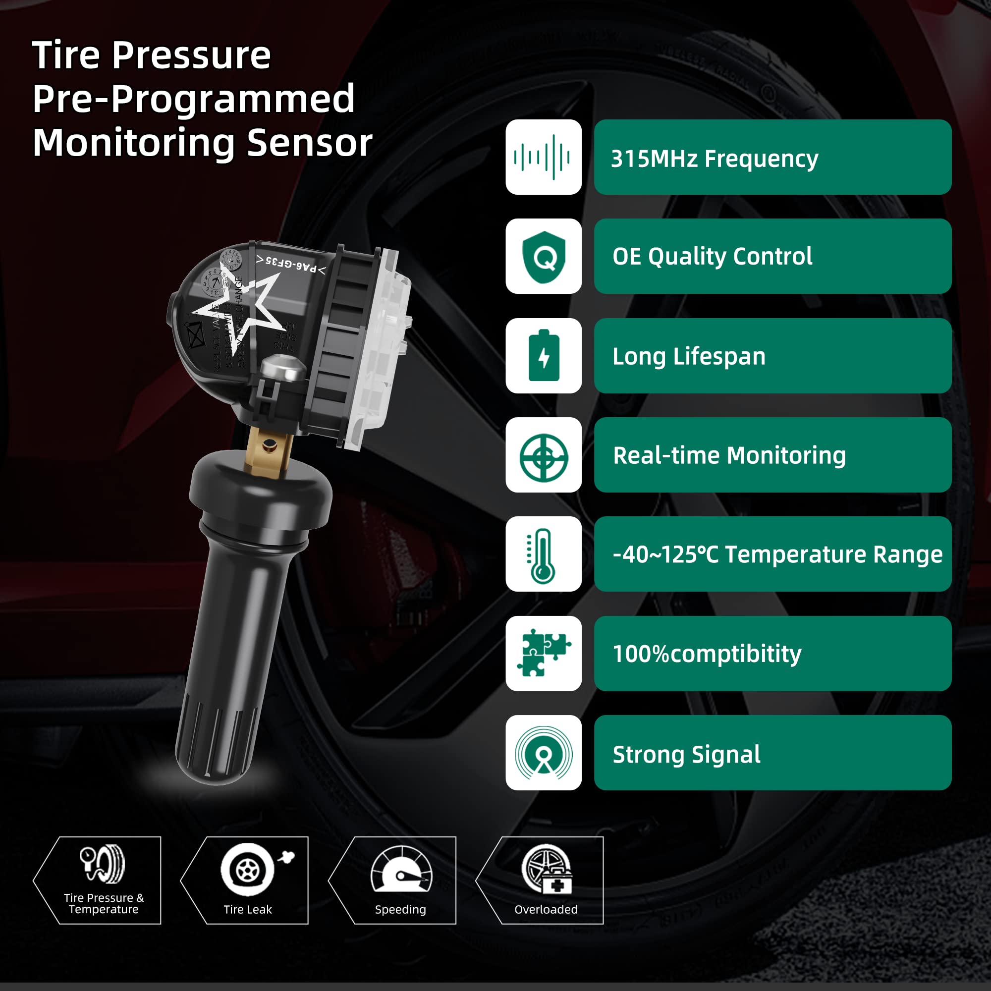 TPMS Sensor GM 4-Pack, 315MHZ Tire Pressure Monitor System for GM| GMC | Chevy | Buick | Cadillac Replace#13598771,13598772,13586335,13581558,20923680