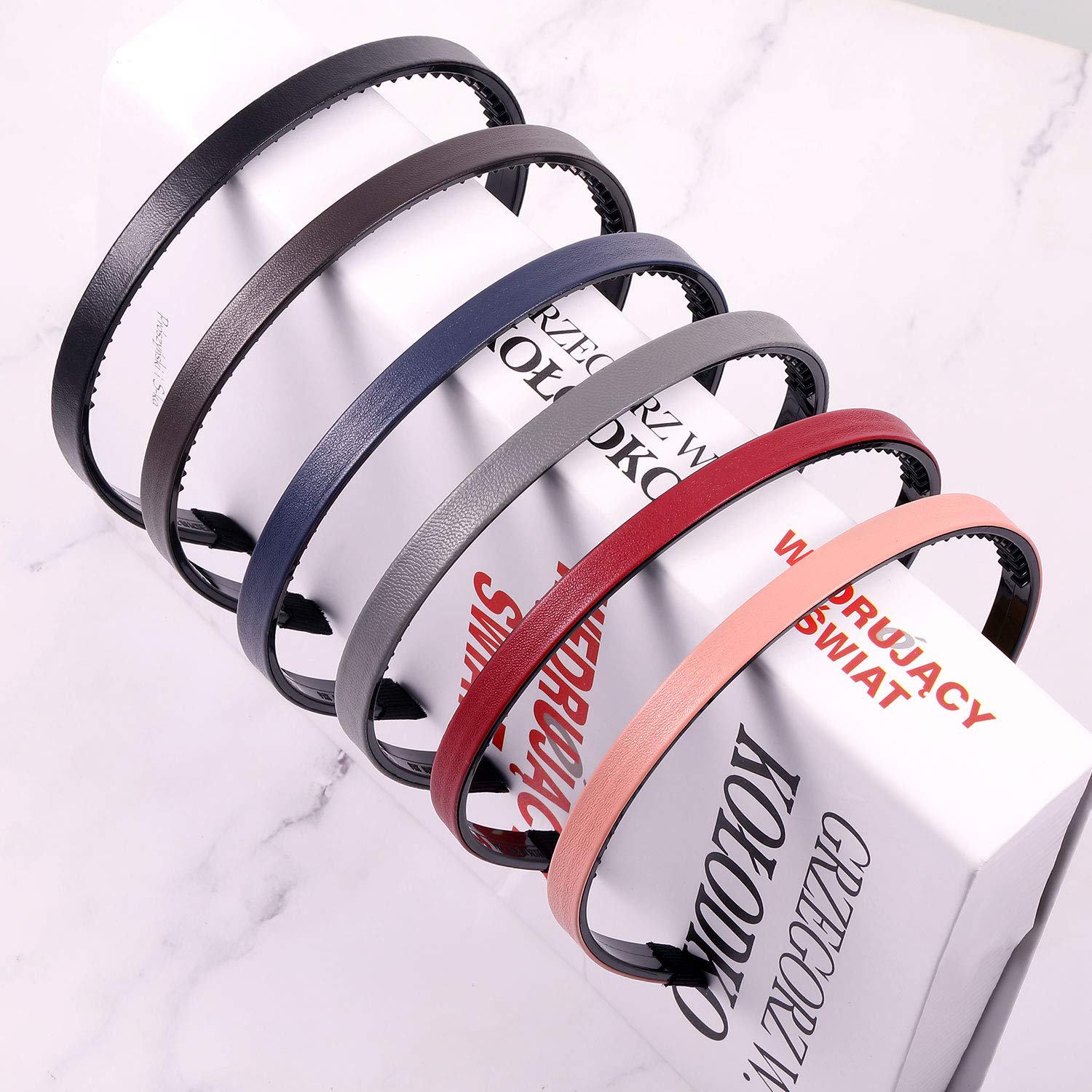 WILLBOND 6 Pieces Skinny Leather Covered Headband Plastic Skinny Headband Hair Loop Clasp Hairbands Solid Simple Headband for Women(1.1 cm,Matte Pink, Wine Red, Navy Blue, Coffee, Black and Grey)