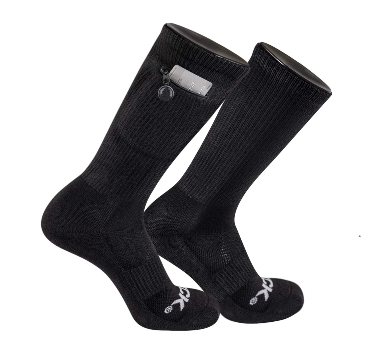 TCK Performance Zip Pocket Crew Socks, Stash & Dash (Black, Large)