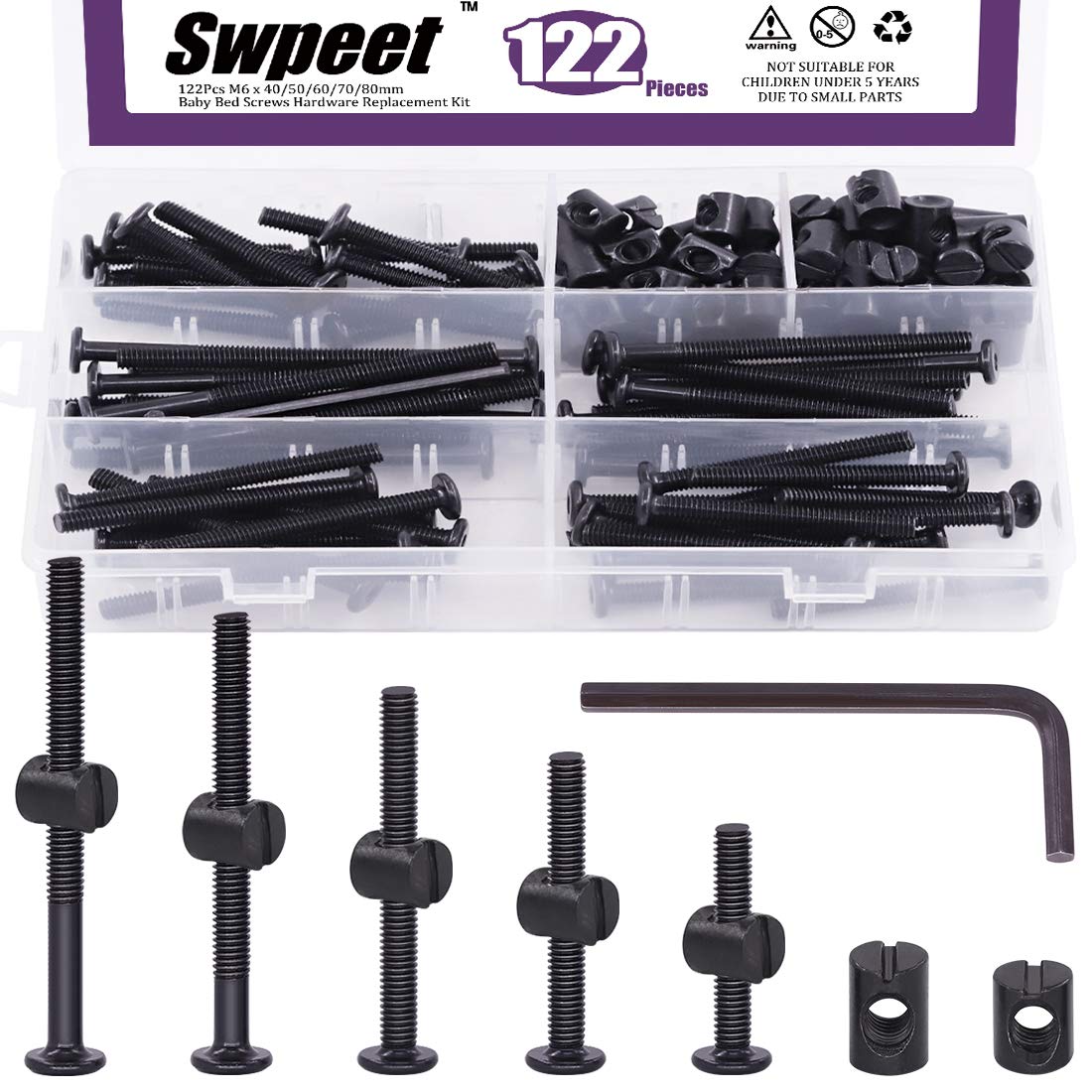 Swpeet 120Pcs Crib Hardware Screws, Black M6 Γ 40/50/60/70/80mm Hex Socket Head Cap Crib Baby Bed Bolt and Barrel Nuts with 1 x Allen Wrench Perfect for Furniture, Cots, Crib Screws 15/20/25/30/35