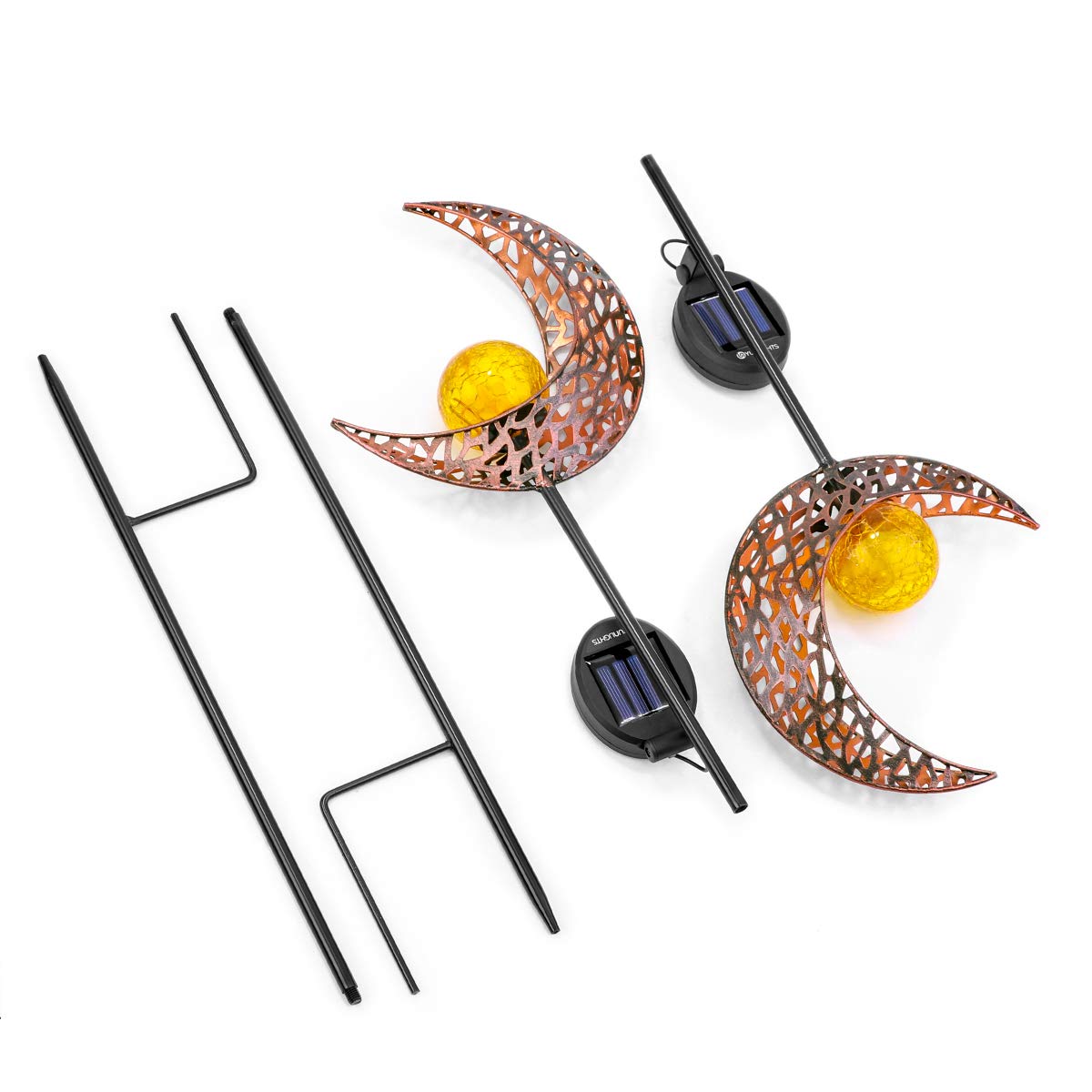 YUNLIGHTS Garden Solar Lights Pathway Outdoor Moon Crackle Glass Globe Stake Metal Lights,Waterproof Warm White LED for Lawn,Patio or Courtyard