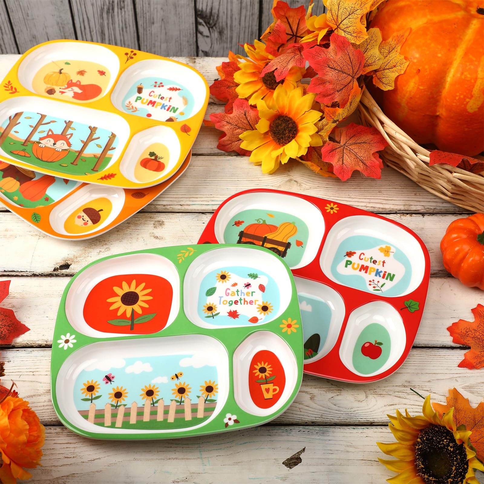 Suttmin 8 Pcs Fall Thanksgiving Kids Divided Plates Fall Plates Dinnerware Set for Kids Bulk Plastic Thanksgiving Themed Serving Dishes Pumpkin Turkey Sunflower Pine Nut Self-Feeding Dishwasher Safe