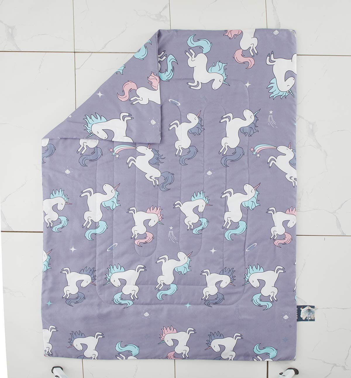 UOZZI BEDDING Unicorn 4 Piece Toddler Bedding Set with Rainbow Stars Blue-Gray - Includes Adorable Quilted Comforter, Fitted Sheet, Top Sheet, and Pillow Case for Girls Boys Bed