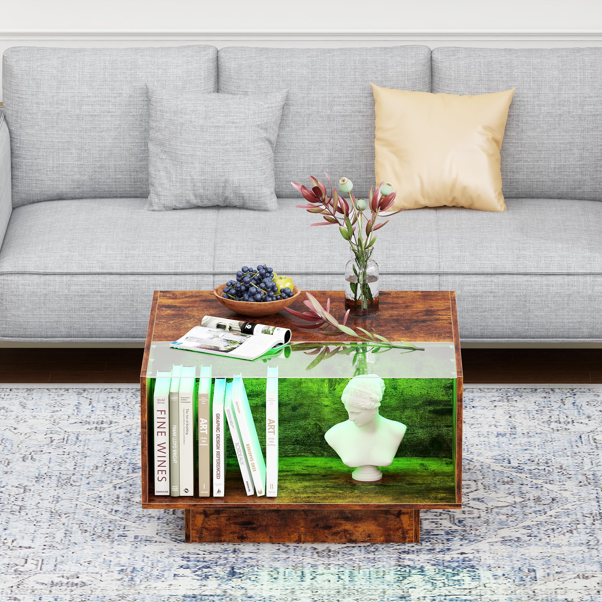 Yusong Modern Wood Coffee Table for Living Room, Retro Mid-Century Center Tables Cocktail Table with Storage Shelf for Reception, Rustic Brown