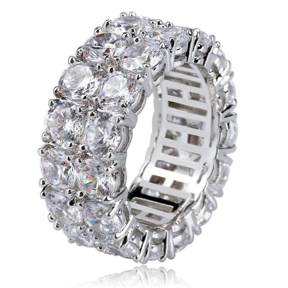 TOPGRILLZ Engagement Ring Men Gold Ring Cubic Zirconia Silver Ring Diamond Rings for Women 9mm Iced out 14K Gold Plated 2 Rows Round Cut Eternity Chunky Ring(Silver,9.5