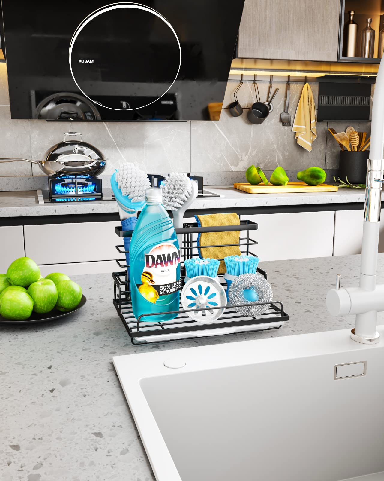 SWTYMIKI Sink Caddy Kitchen Sink Organizer, Large Capacity Sink Sponge Caddy with Pull-Out Drainage Tray Rustproof Kitchen Sponge Holder with Detachable Basket for Sponge and Brush, Black