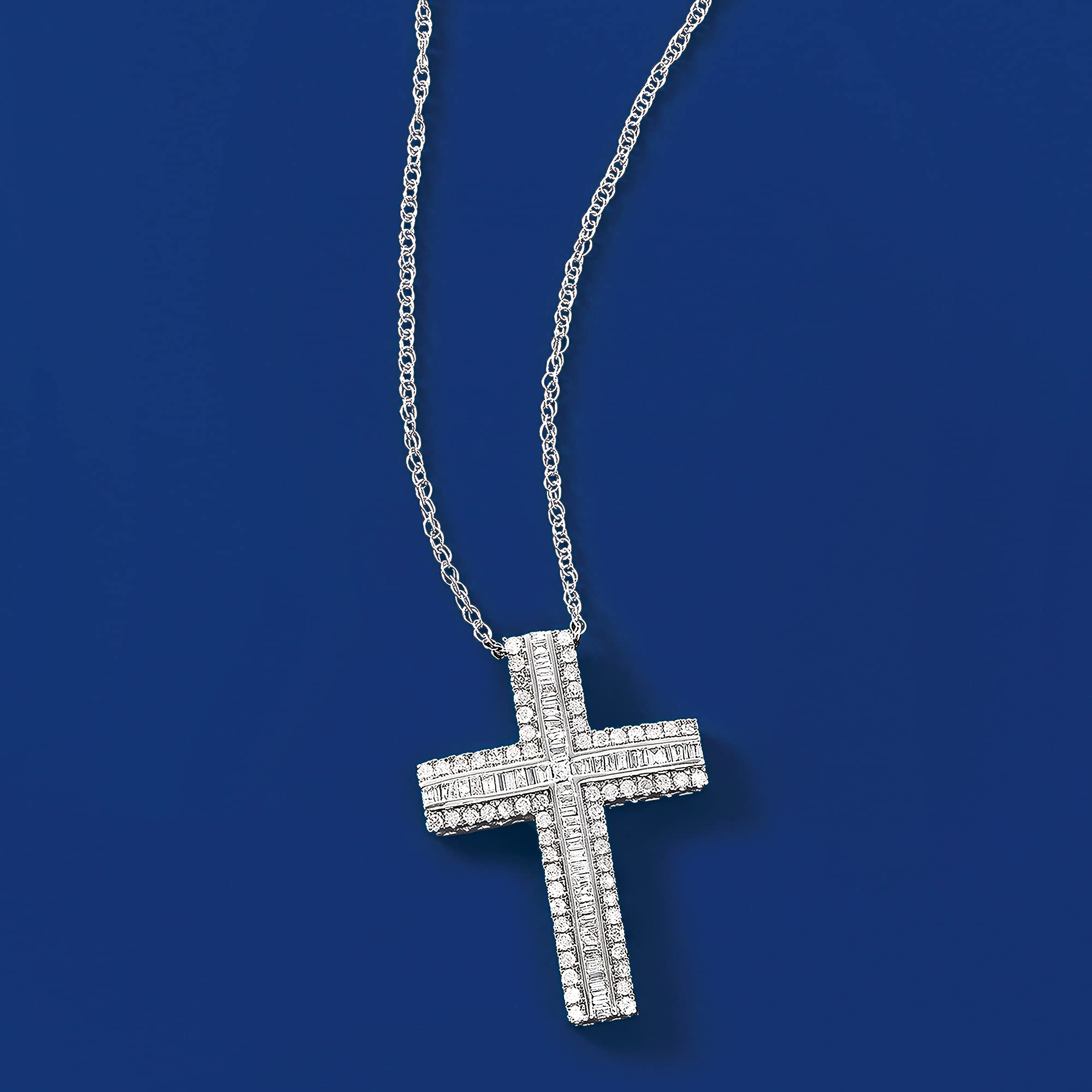 Ross-Simons 1.00 ct. t.w. Baguette and Round Diamond Cross Pendant Necklace in 14kt White Gold. 20 inches