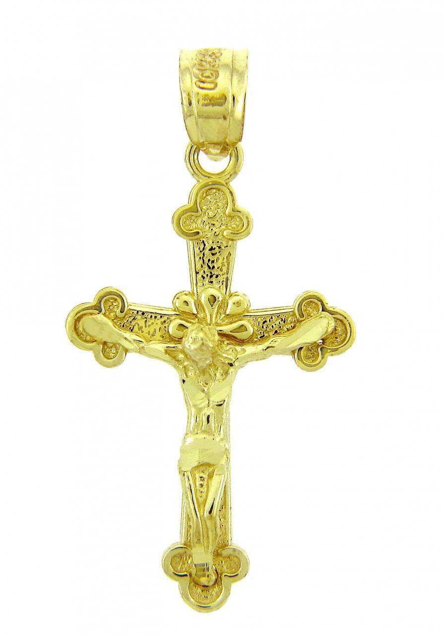 Solid 14k Yellow Gold Textured Cross Charm Christian Crucifix Pendant