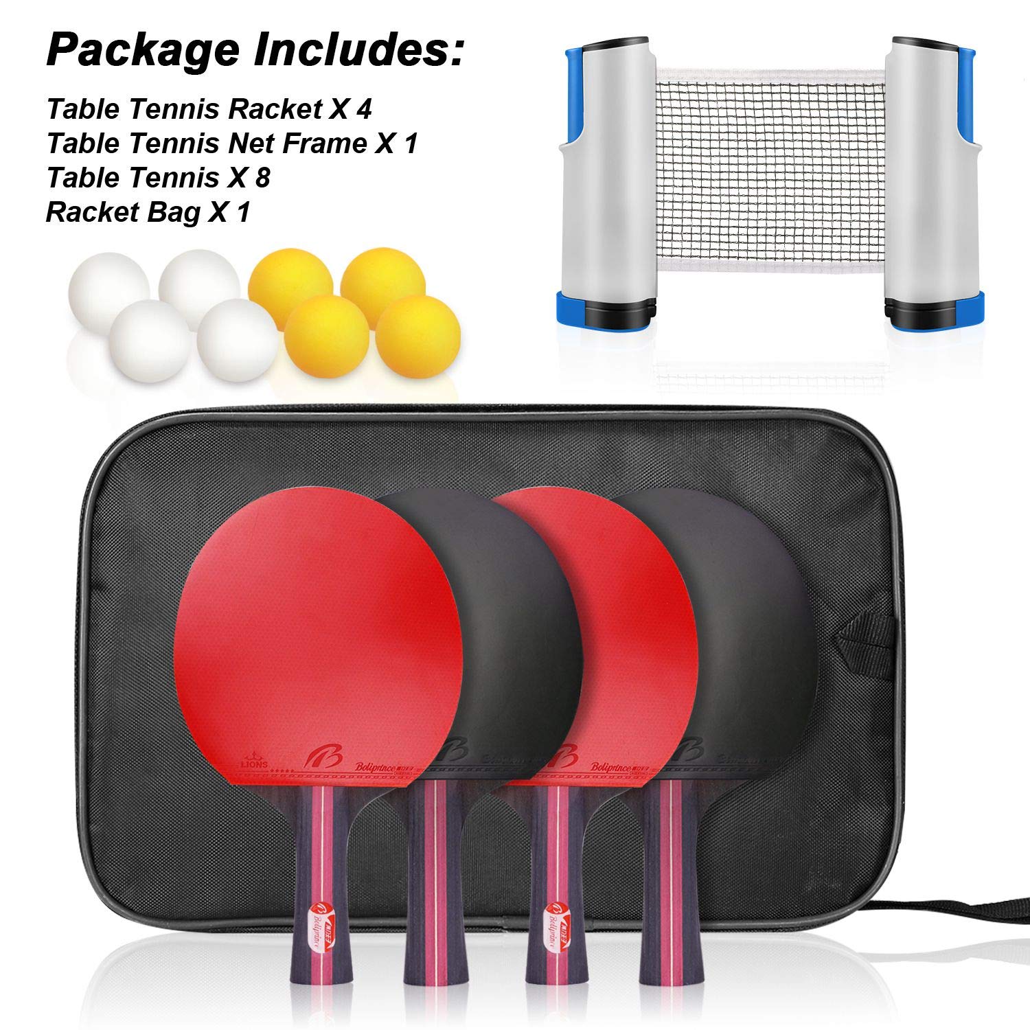 XDDIAS Ping Pong Paddle Set, Portable Table Tennis Racket Sets includes 4 Ping Pong Rackets, 8 Game Balls, 1 Retractable Net, Storage Case for All Ages Indoor Outdoor