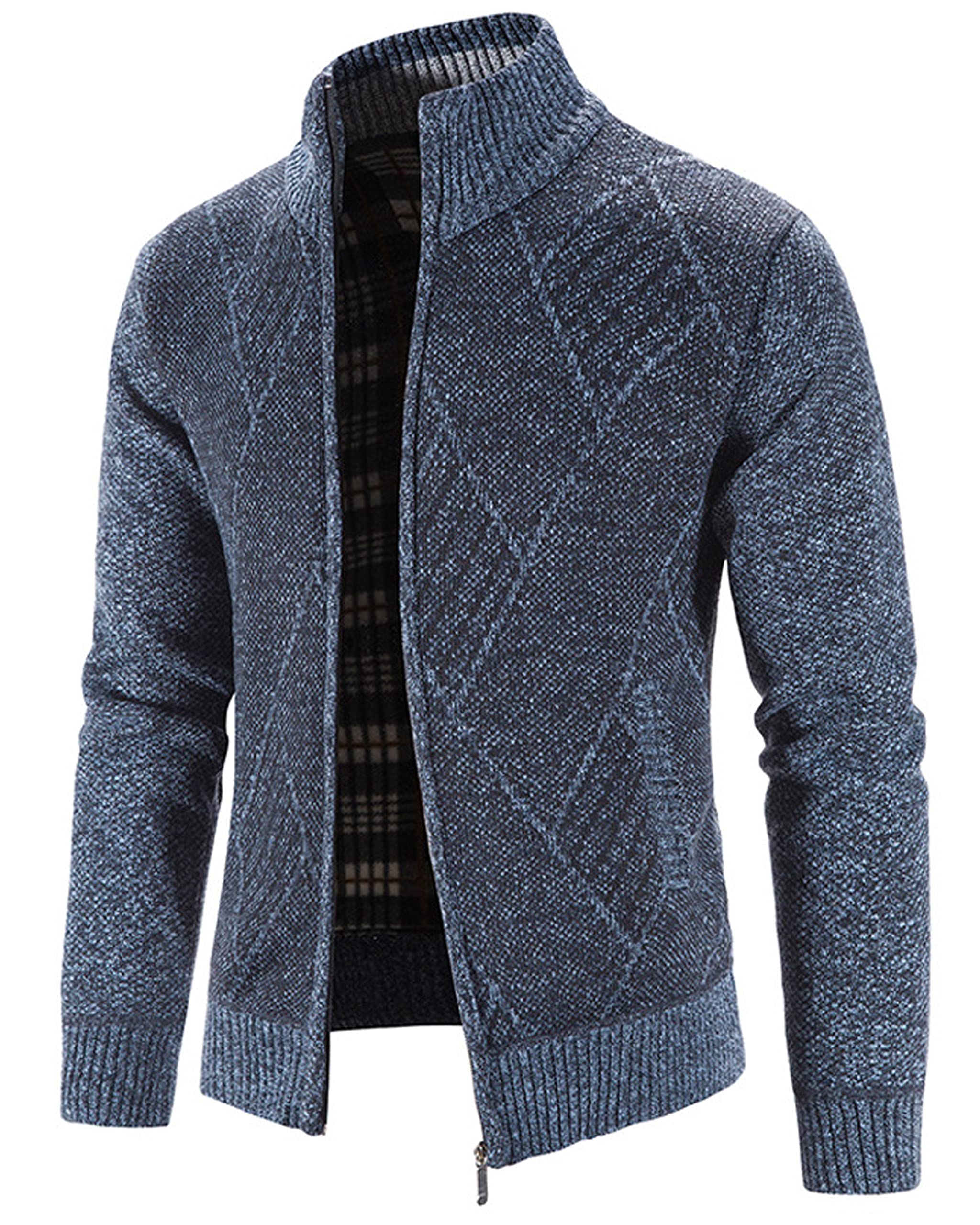 VtuAOL Men's Cardigan Sweater Warm Soft Knit Full Zip Sweater Winter Coat for Men Blue US S