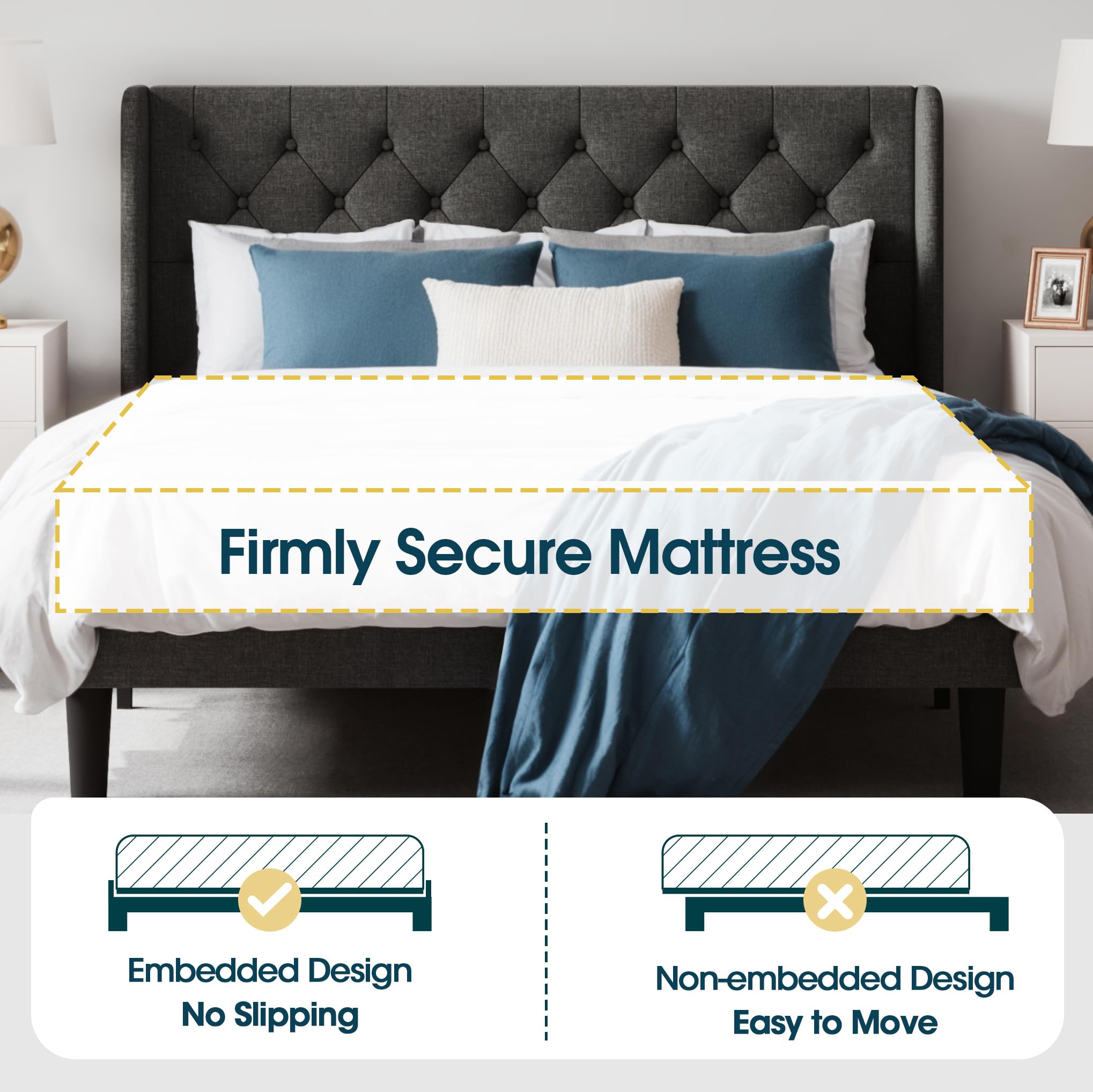 WEEWAY Queen Upholstered Bed Frame with Tufted Wingback Headboard,Modern Platform Bed with Wooden Slats Support - Easy Assembly, Non-Slip and Noise-Free - Dark Gray