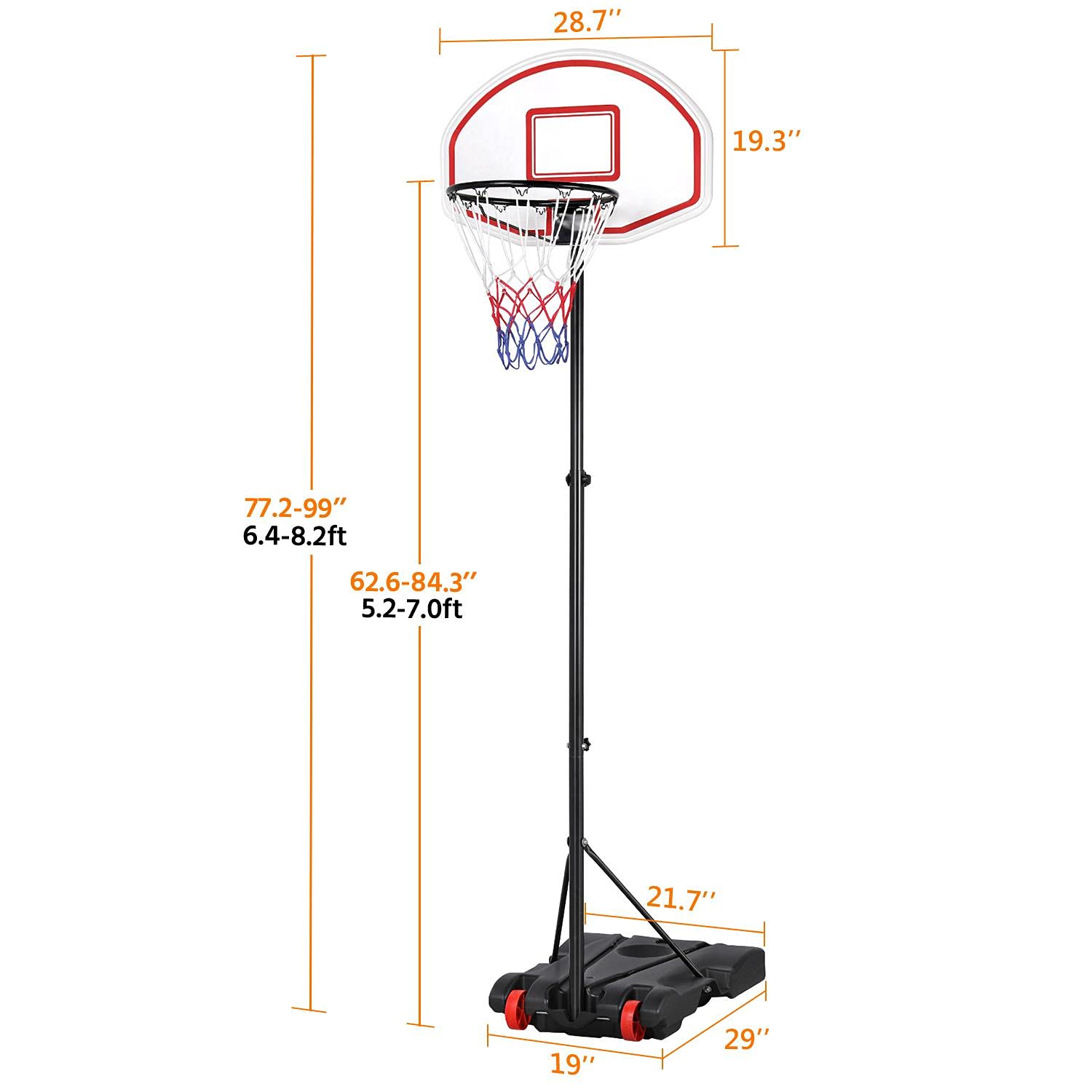 Yaheetech Portable Basketball Hoop System 5.2-7 ft Height Adjustable Basketball Stand for Youth Indoor/Outdoor w/Wheels 29 Inch Backboard Basketball Goals