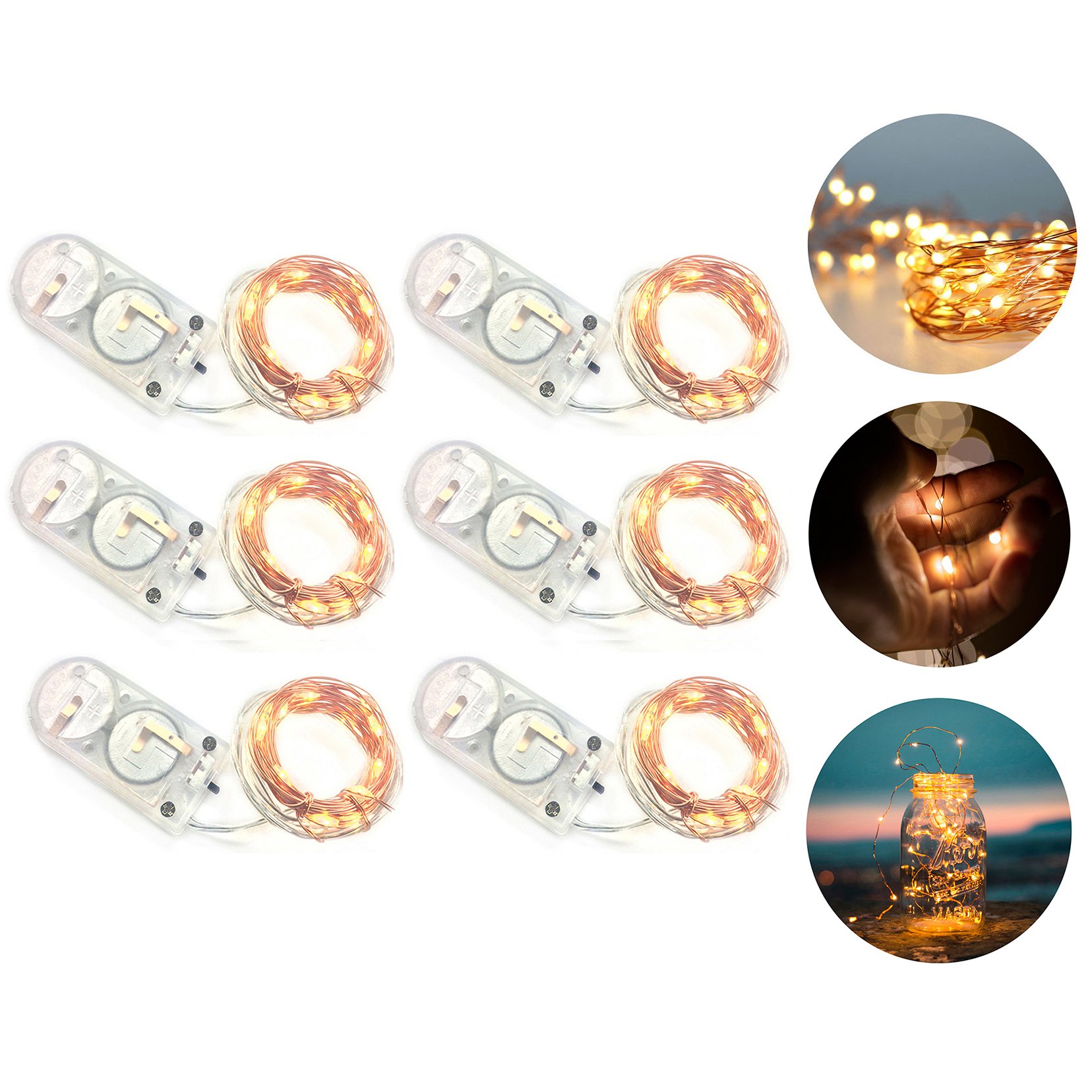 Unido Copper Wire LED Fairy String Lights, Warm White (Set of 6) Battery-Operated Indoor Outdoor Waterproof 6.5' FT. Each