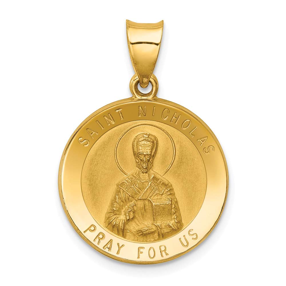 Solid 14k Yellow Gold Polished and Satin St. Nicholas Medal Pendant (21mm Height x 19mm Width)