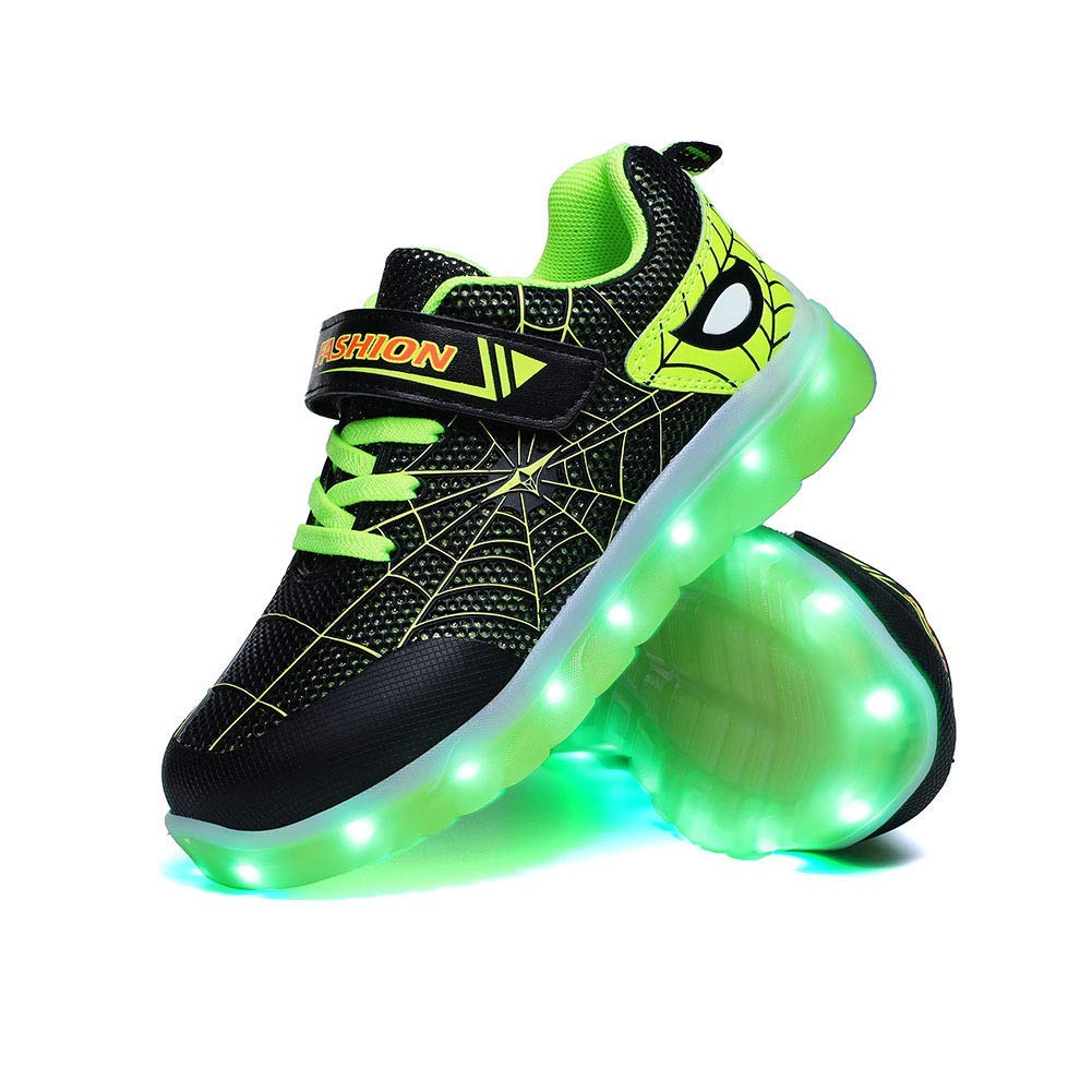 YUNICUS Boys Shoes, LED Light Up Shoes Kids Girls Boys Breathable Flashing Sneakers (Toddler 10M, Black/Green)