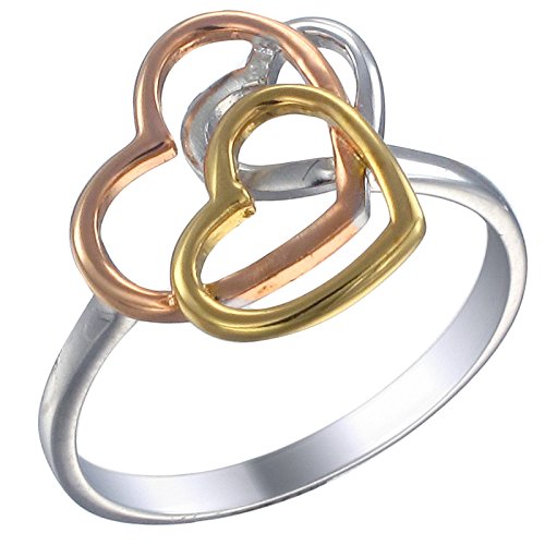 VIR JEWELS Fashion Heart Ring 3 Hearts Trio Color Pink and Rose Gold Plated Sterling Silver Size 9