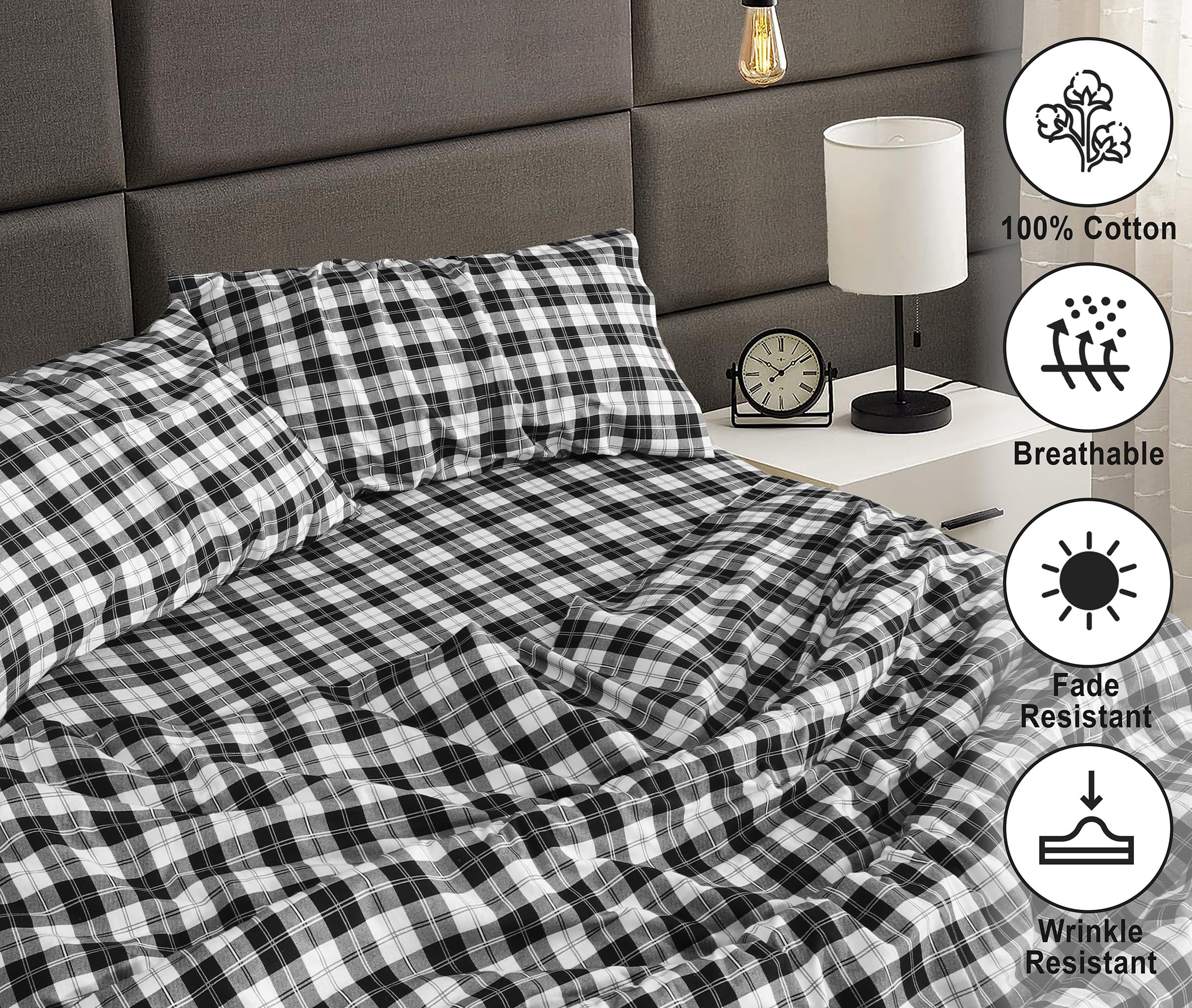 RUVANTI Flannel Sheets Full Size - 100% Cotton Brushed Bed Sheet Sets - Deep Pockets 16 Inches (fits up to 18") - All Seasons Breathable Super Soft - Warm & Cozy - 4 Pcs - Black & White Plaid