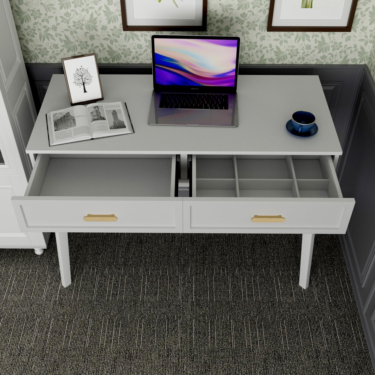 White Home Office Desk with Drawers Storage, Computer Writing Desk with Polished Gold Handle
