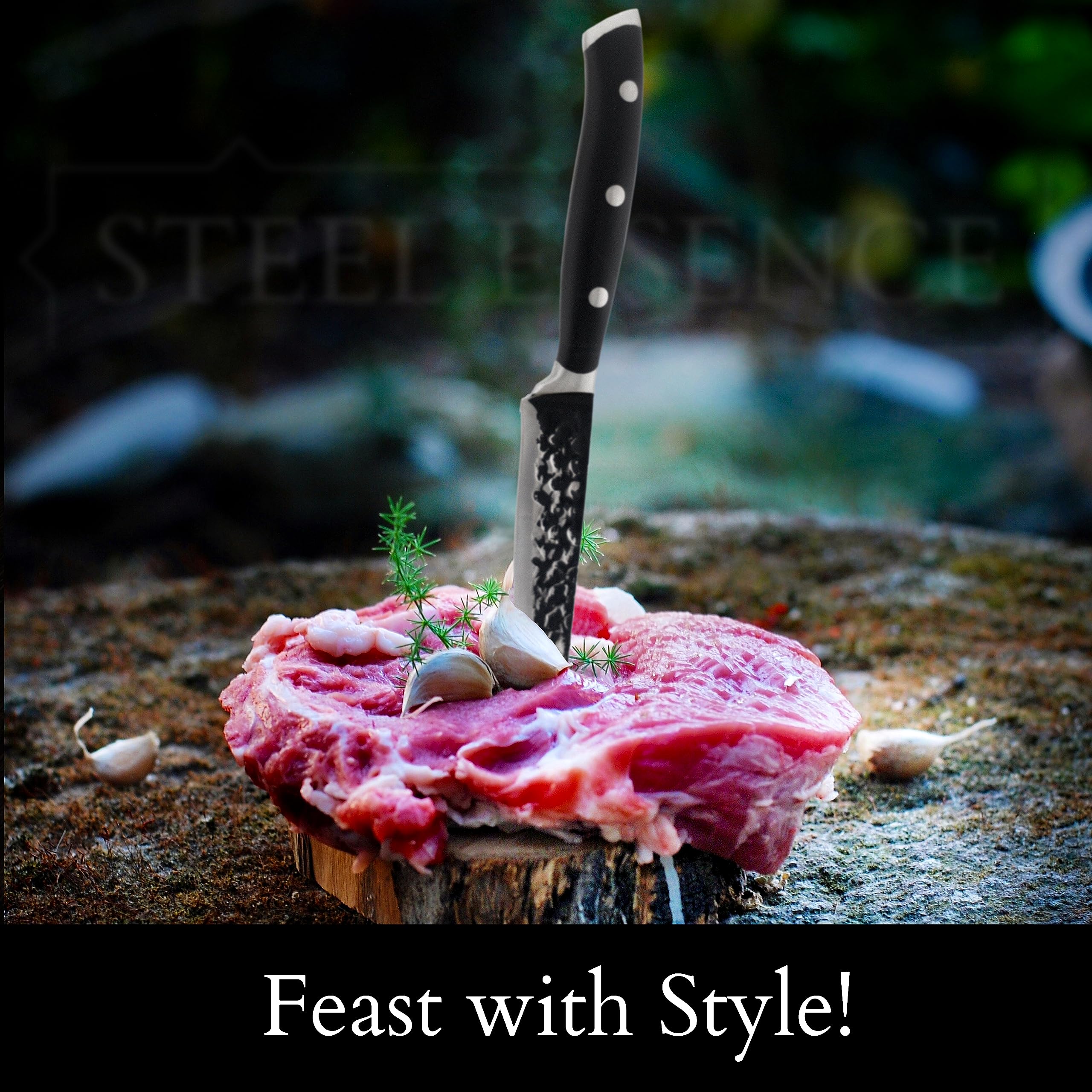 STEEL ESSENCE Premium Steak Knives Set of 6 with Unique Black Pattern - Gift Set | Stainless Steel Steak Knife Set