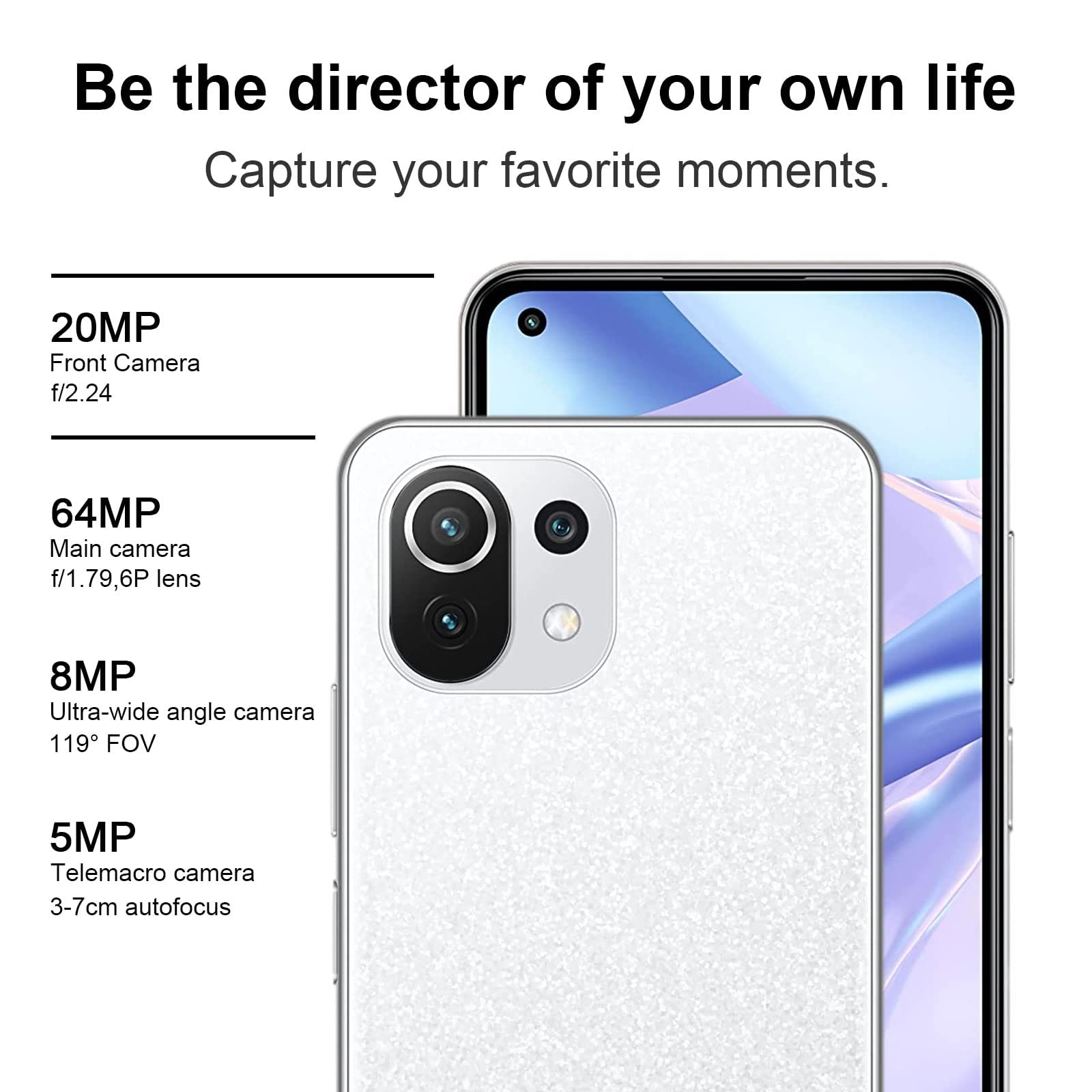 Xiaomi Mi 11 Lite 5G NE Unlocked Cellphone, 5G + 4G LTE Volte Smartphone,8GB + 128GB,White