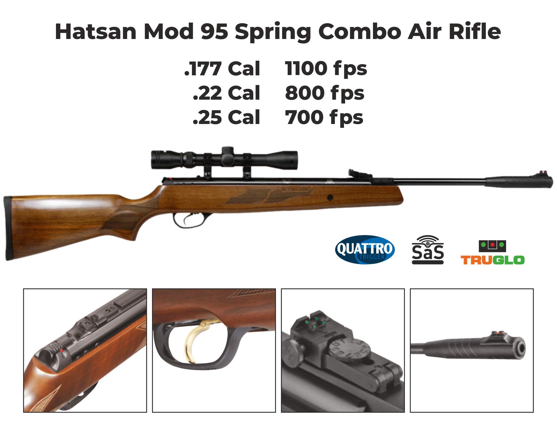 Wearable4U Hatsan Mod 95 Spring Combo .22 Cal Air Rifle 100x Paper Targets and 250x .22cal Pellets Bundle