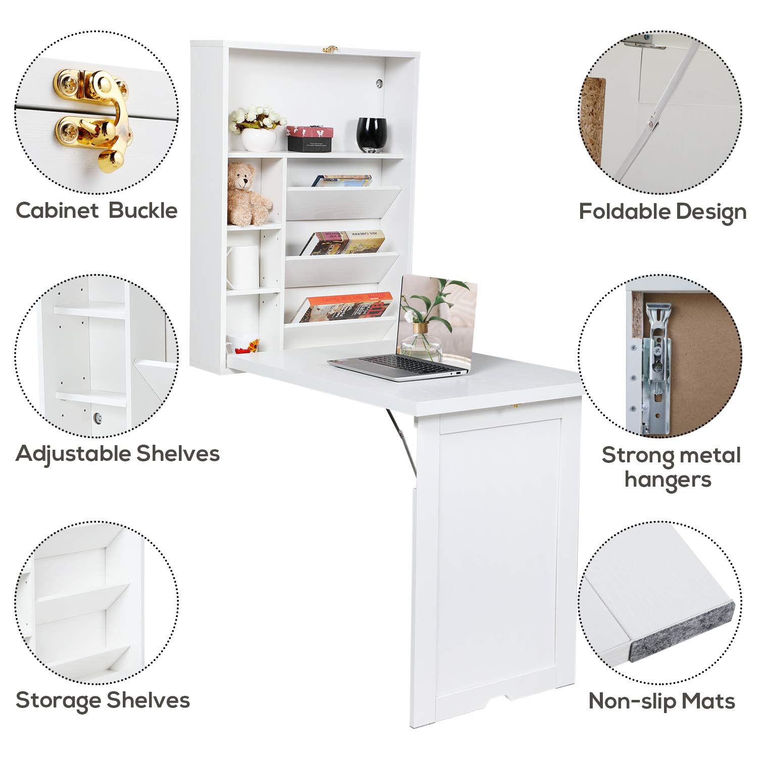 Sandinrayli Modern Compact Wood Wall Mounted Folding Desk Cabinet Convertible Writing Desk for Home Office with Storage, Laptop Tabletop, White (White)