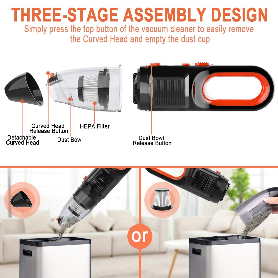 ZesGood Handheld Vacuum Cordless, 7000PA Powerful Suction with Rechargeable Hand Held Vacuum Cleaner 120W Cyclonic Motor, for Home and Car Cleaning