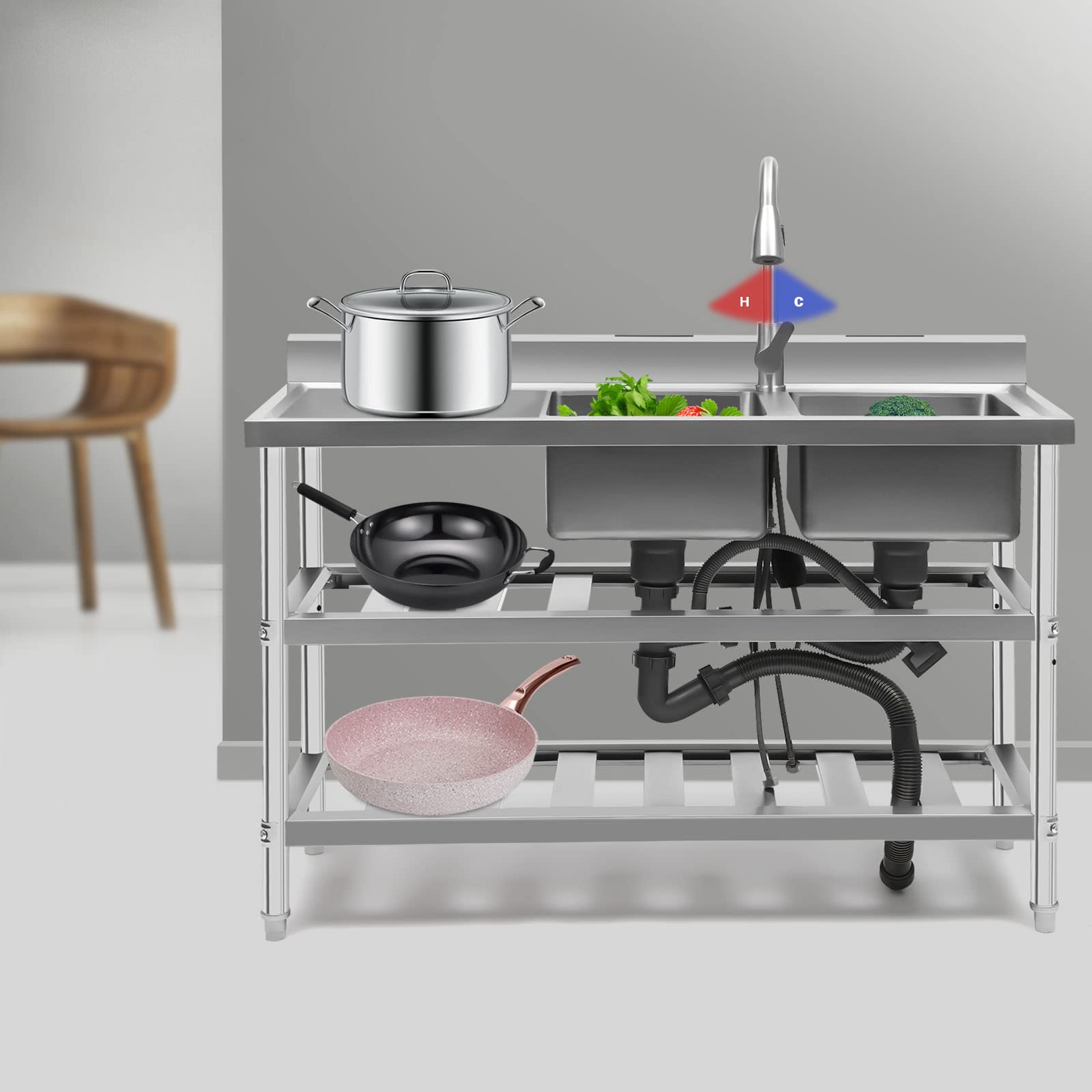 Stainless Steel Utility Sink - Free Standing Double Bowl Kitchen Sink with Workbench & Storage Shelves, Commercial Restaurant Utility Sink for Laundry Room, Backyard, Garages