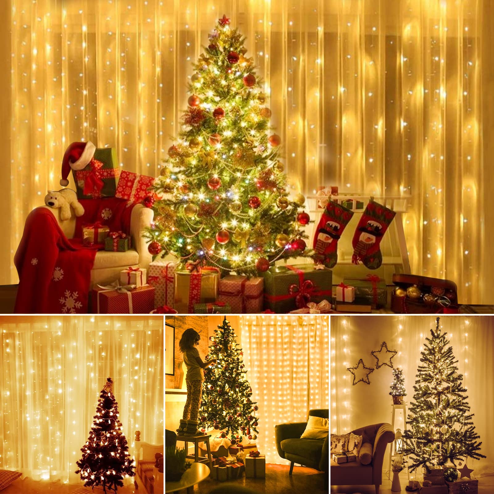 SUNNEST Curtain String Light Christmas 300 LED 8 Lighting Modes Fairy Lights Remote Control USB Powered Waterproof Lights