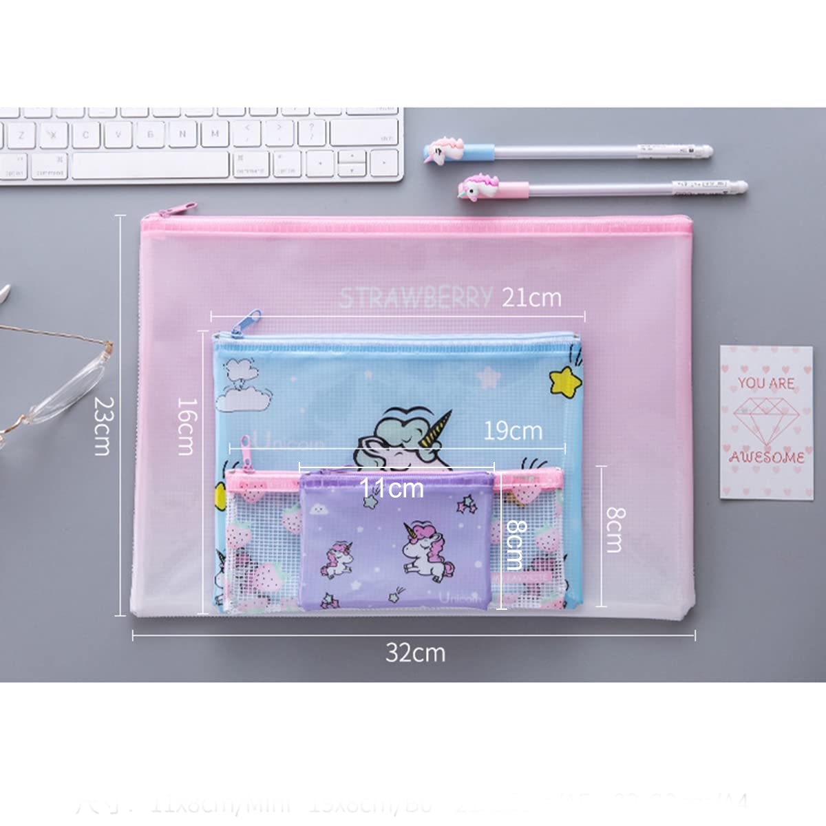 RUSUO PVC Bag, Mini Cute PVC Pen Pencil Bag Cartoon File Folder Cosmetic Mesh Pouch Organizer with Zipper for s s