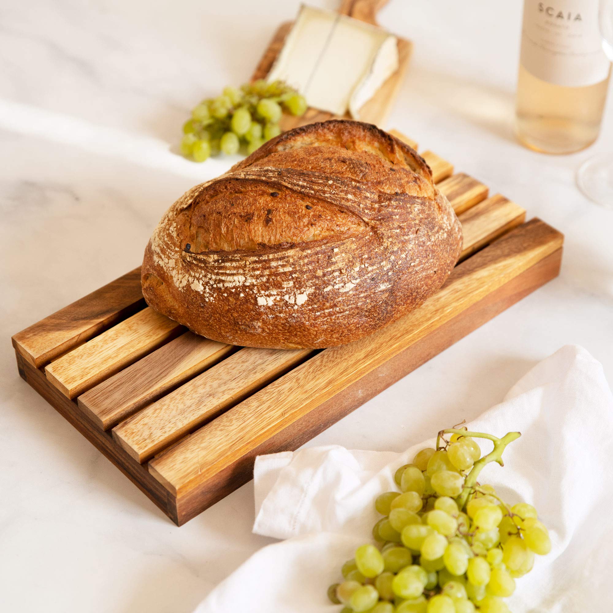 Villa Acacia Wood Bread Board - 12 x 7 in Handcrafted Wooden Cutting Board Slicer Tray with Handle Medium