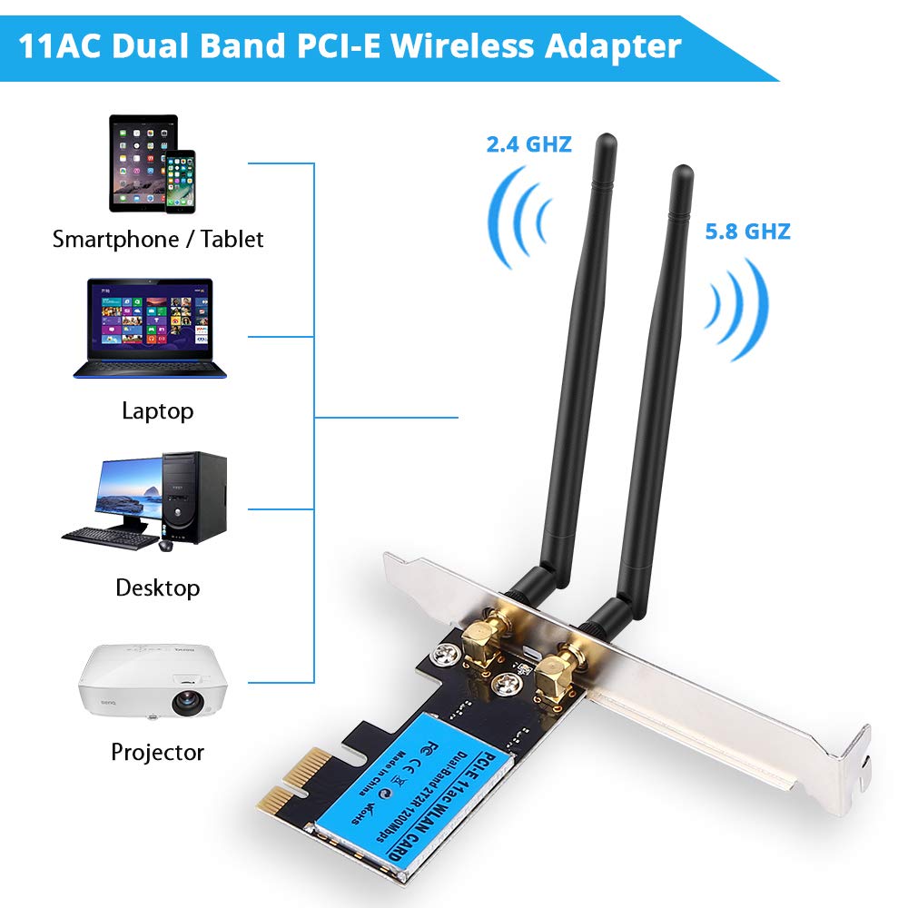 WiFi Card Wireless Network Card AC1200Mbps PCIe Dual Band 5G/2.4G Wireless WiFi Adapter Network Card for Windows 10/Windows 8/Windows 7