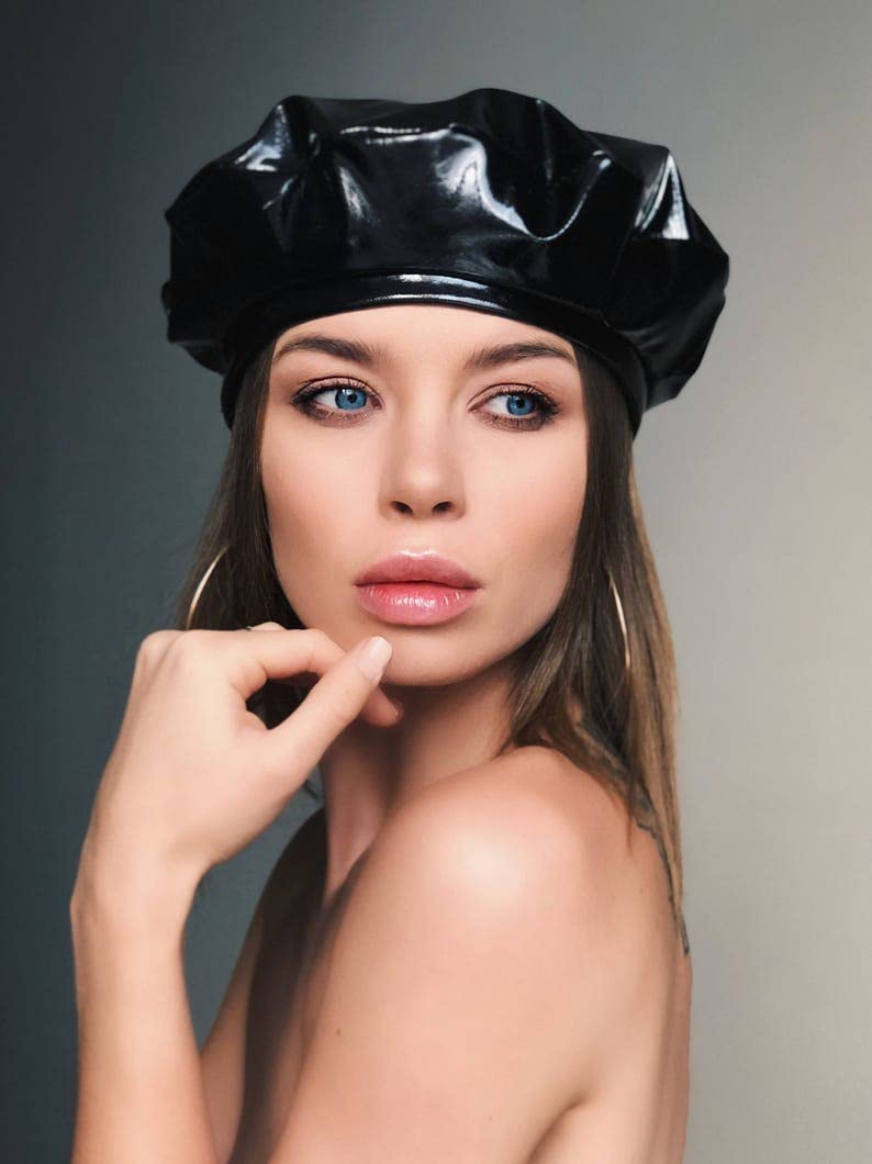 UTALY Patent Leather French-Beret Hat PU Dancing Cap Captain Women (Size S-M) Black