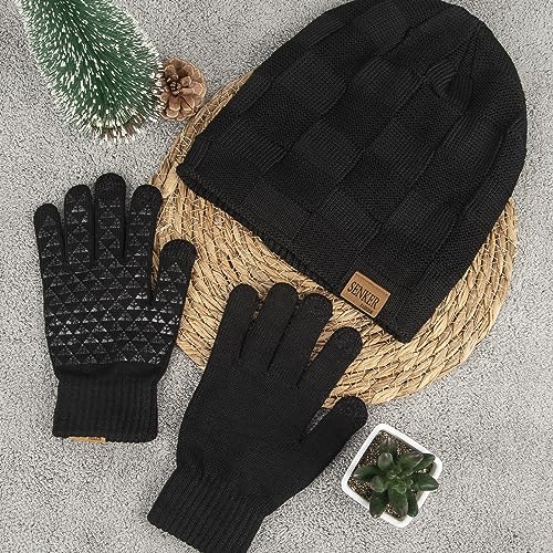 Winter Beanie Hat and Touchscreen Gloves Set for Men Women Warm Slouchy Beanie Thick Knit Gloves Fleece Lined Skull Cap, A-Black(2 Pcs)